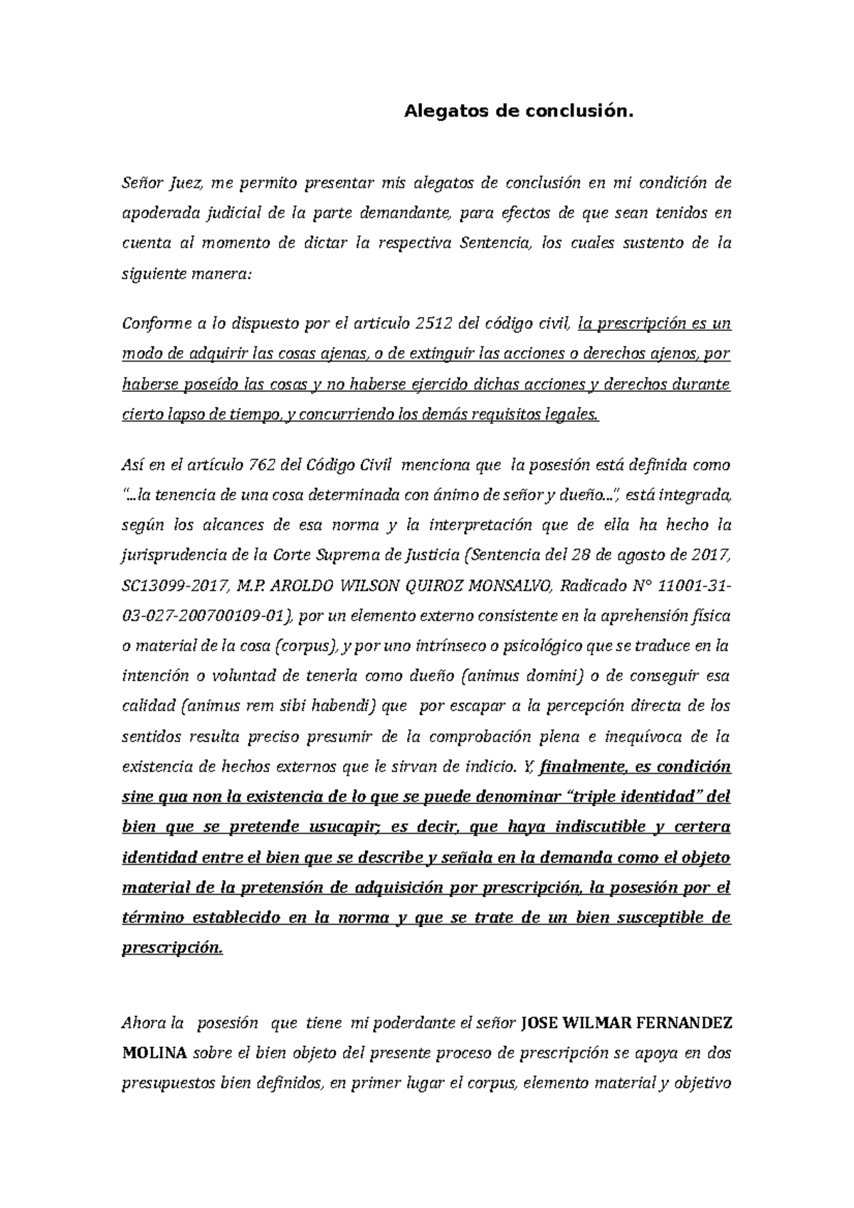 Alegatos DE ConclusióN - Proceso Pertenencia Wilmar - Alegatos de ...