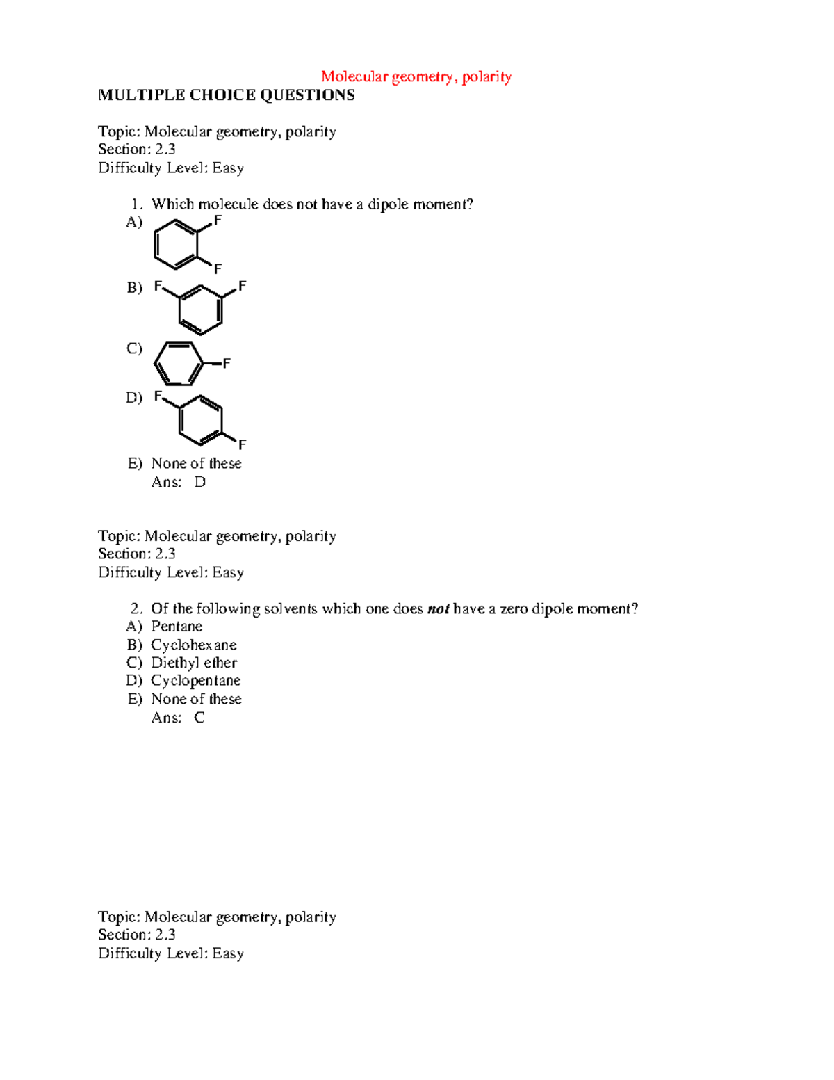 Molecular geometry polarity - Molecular geometry, polarity MULTIPLE ...