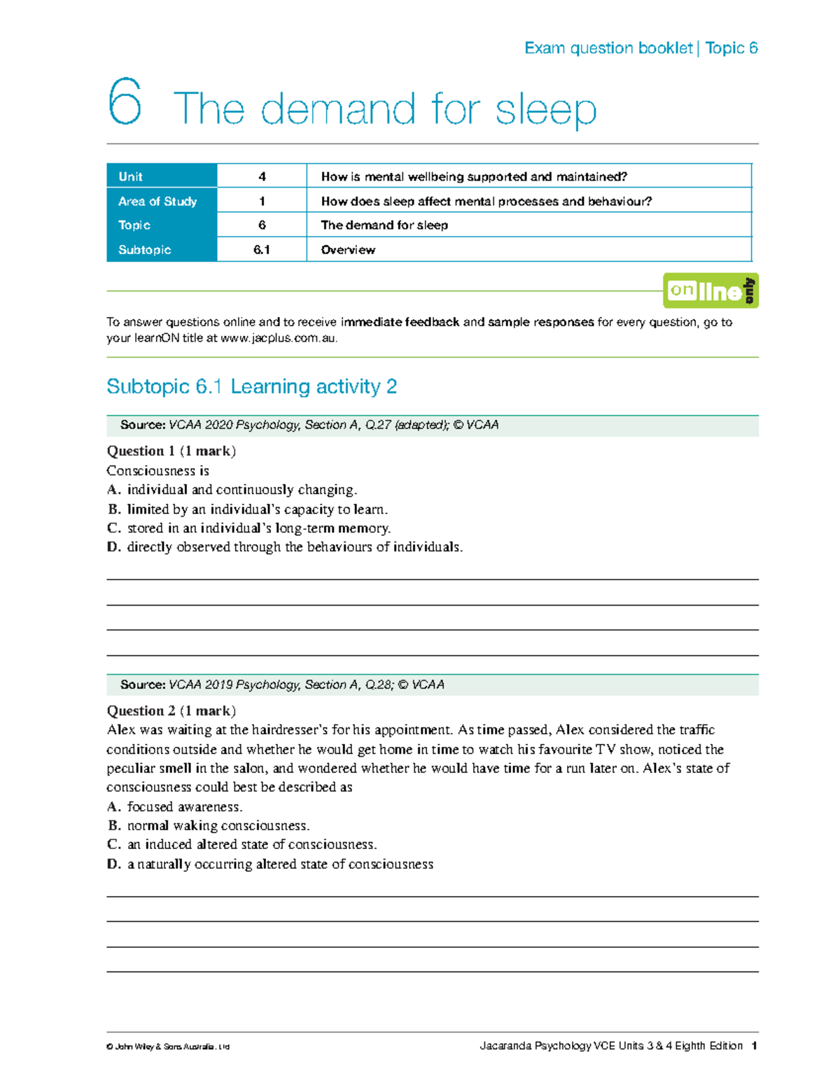 Exam Questions - Sleep (Jacaranda) - 6 The demand for sleep Unit 4 How ...