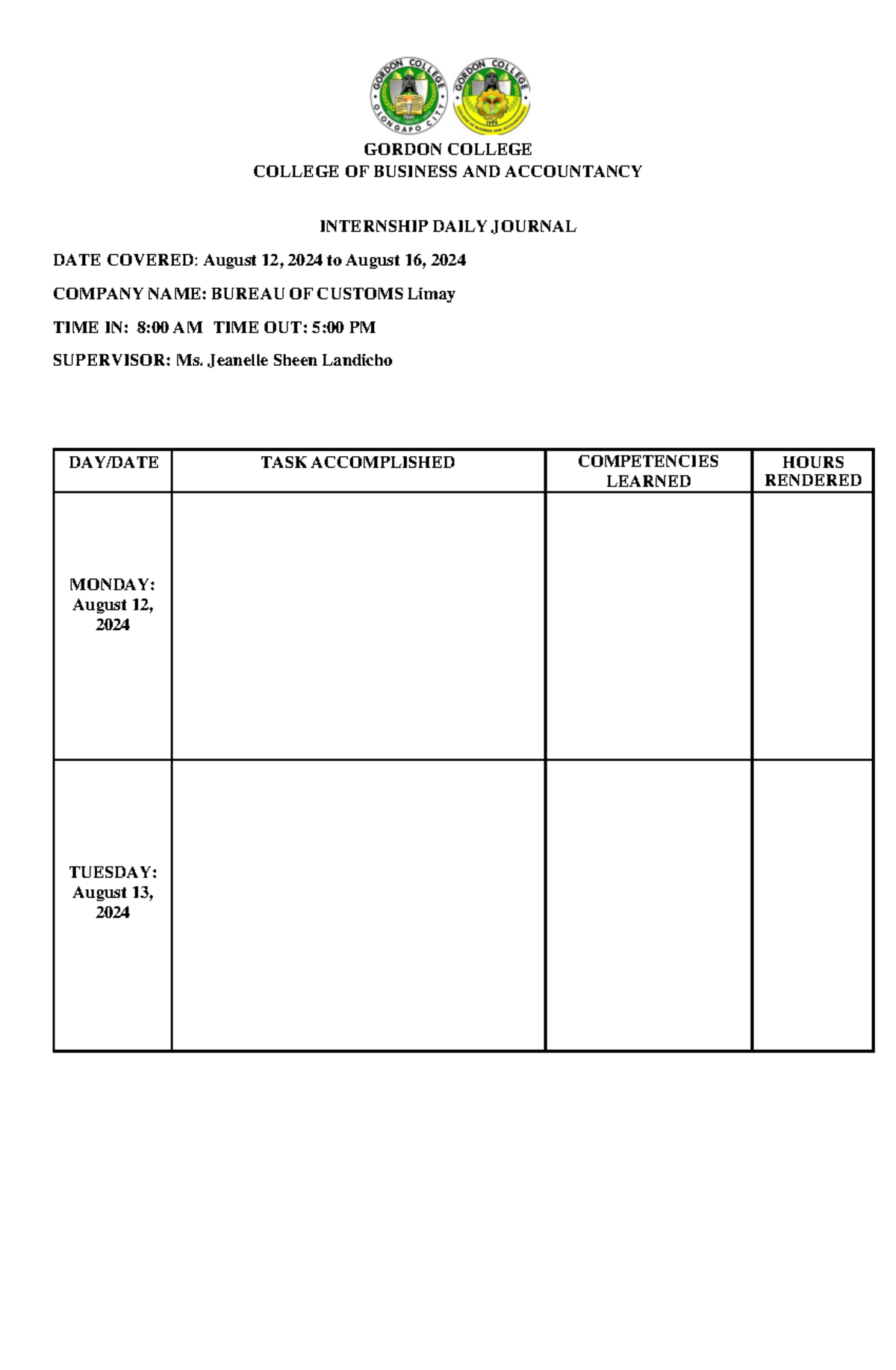 WEEK 1 - Journal - GORDON COLLEGE COLLEGE OF BUSINESS AND ACCOUNTANCY ...