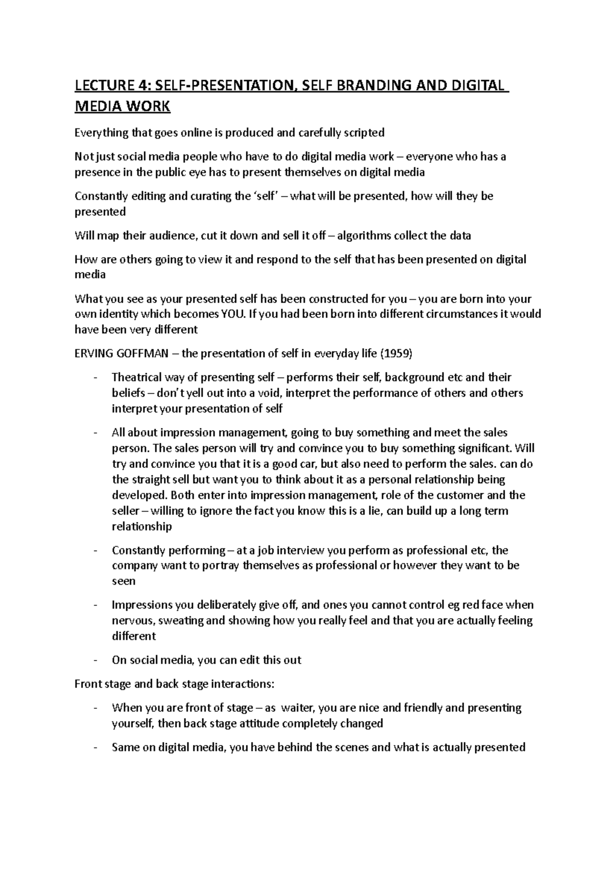 Lecture 4 - self representation - LECTURE 4: SELF-PRESENTATION, SELF ...