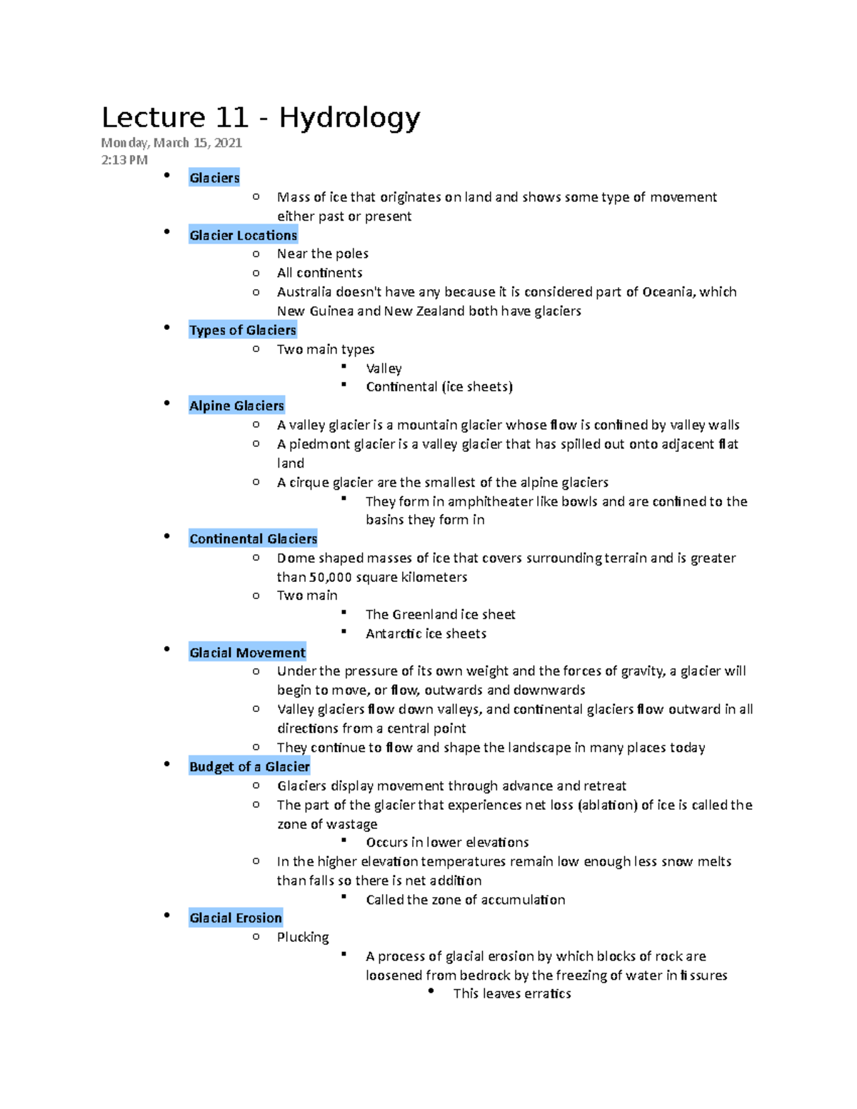 Earth Science 3 - Lecture 11 - Hydrology Monday, March 15, 2021 2:13 PM ...