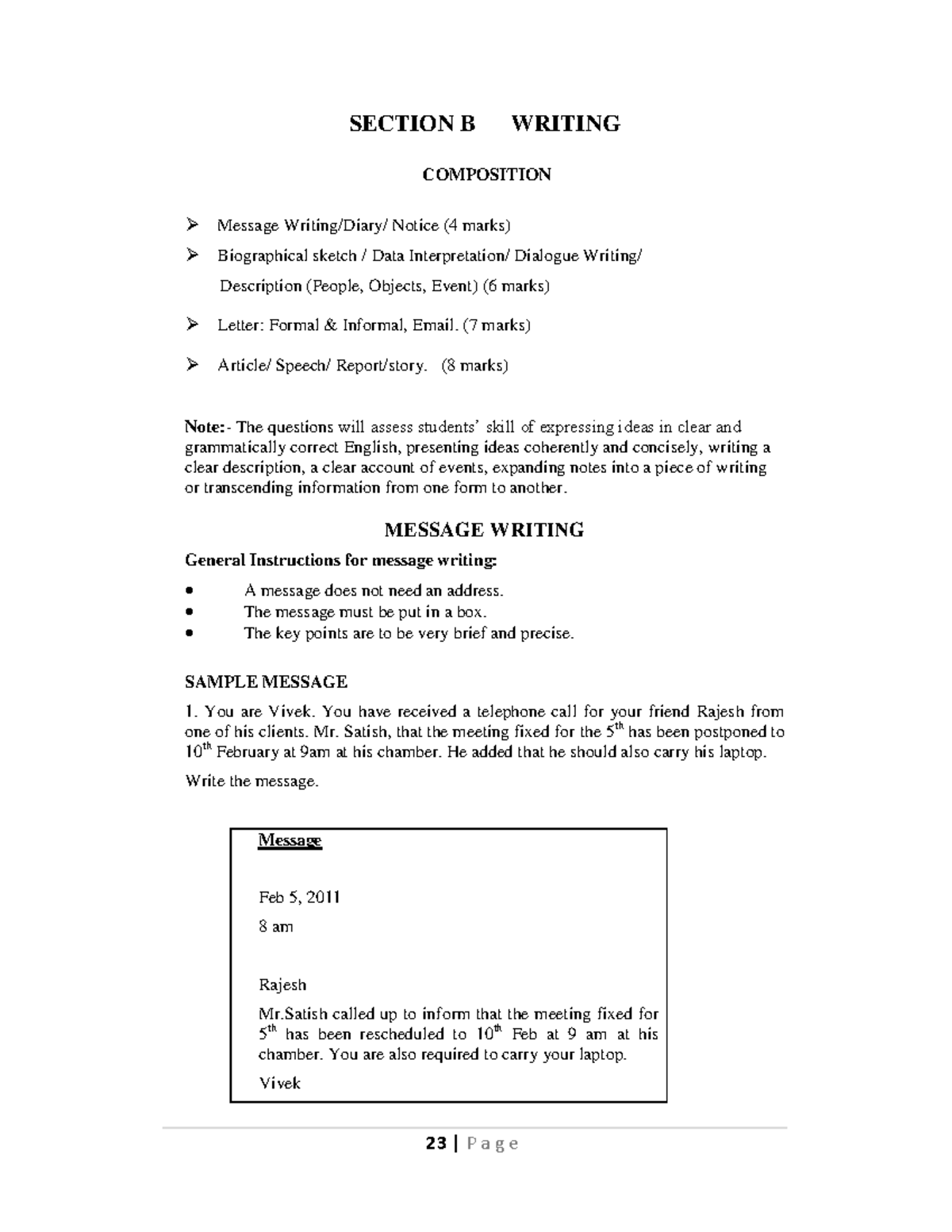 Writing for SA-1 and SA-2 - SECTION B WRITING COMPOSITION Message ... Writing for SA-1 and SA-2 - SECTION B WRITING COMPOSITION Message ...