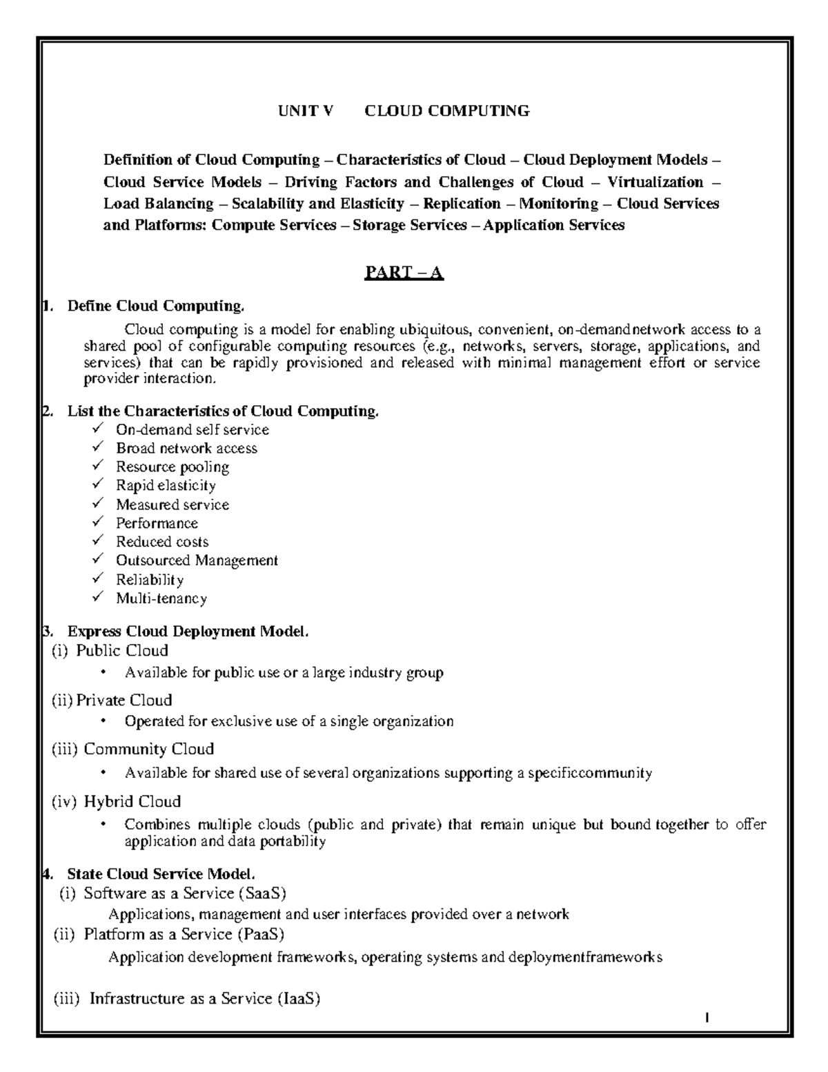 JK DC III YEAR CSE UNIT V (28P X 62C) - UNIT V CLOUD COMPUTING Definition of Cloud Computing ...