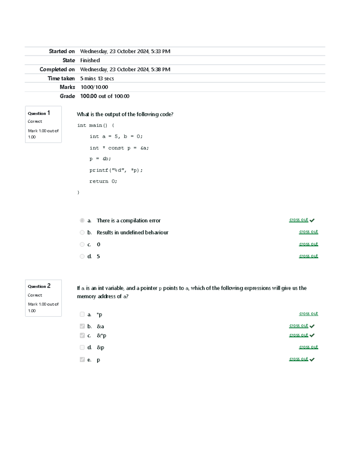 Practice Quiz #5 - Question 1 Correct Mark 1 out of 1. Question 2 ...