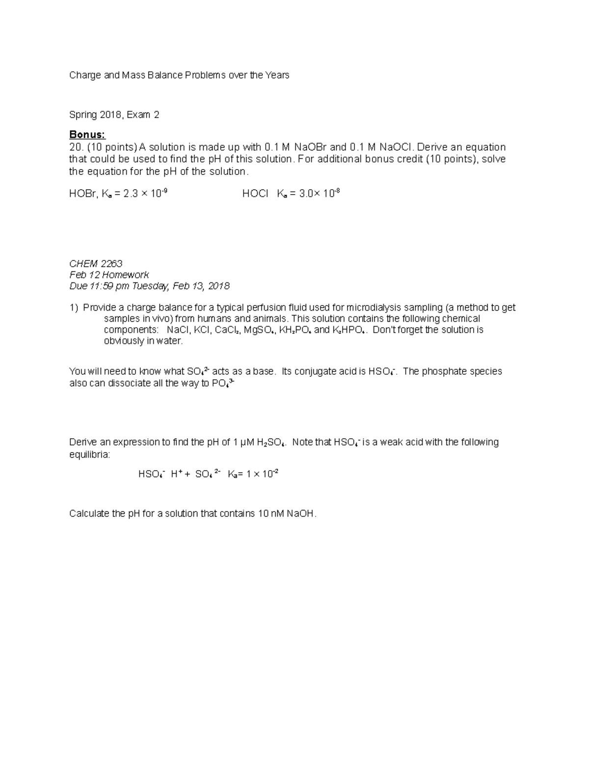 Charge and Mass Balance Problems over the Years - (10 points) A ...
