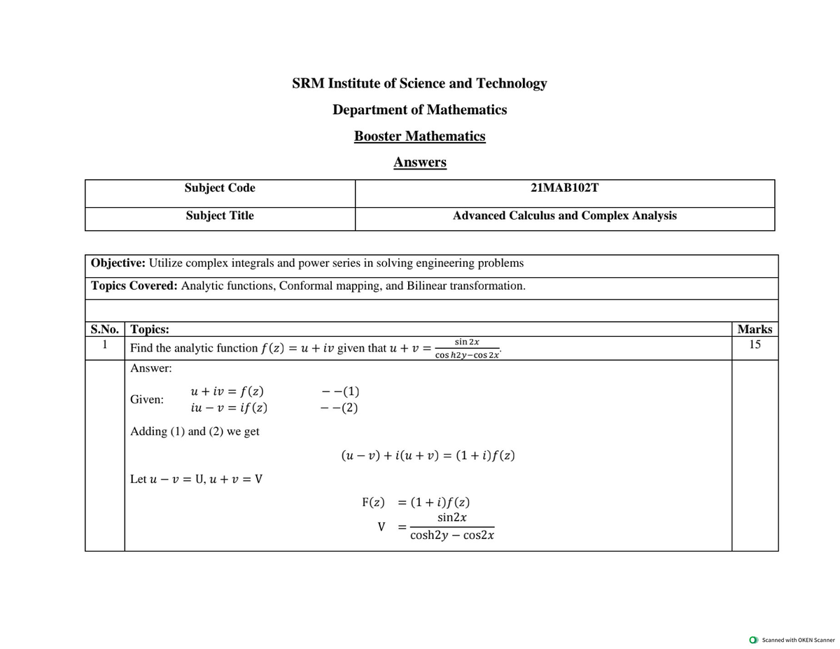 Booster answers (Unit 4) - Advanced Calculus and complex analysis - Studocu