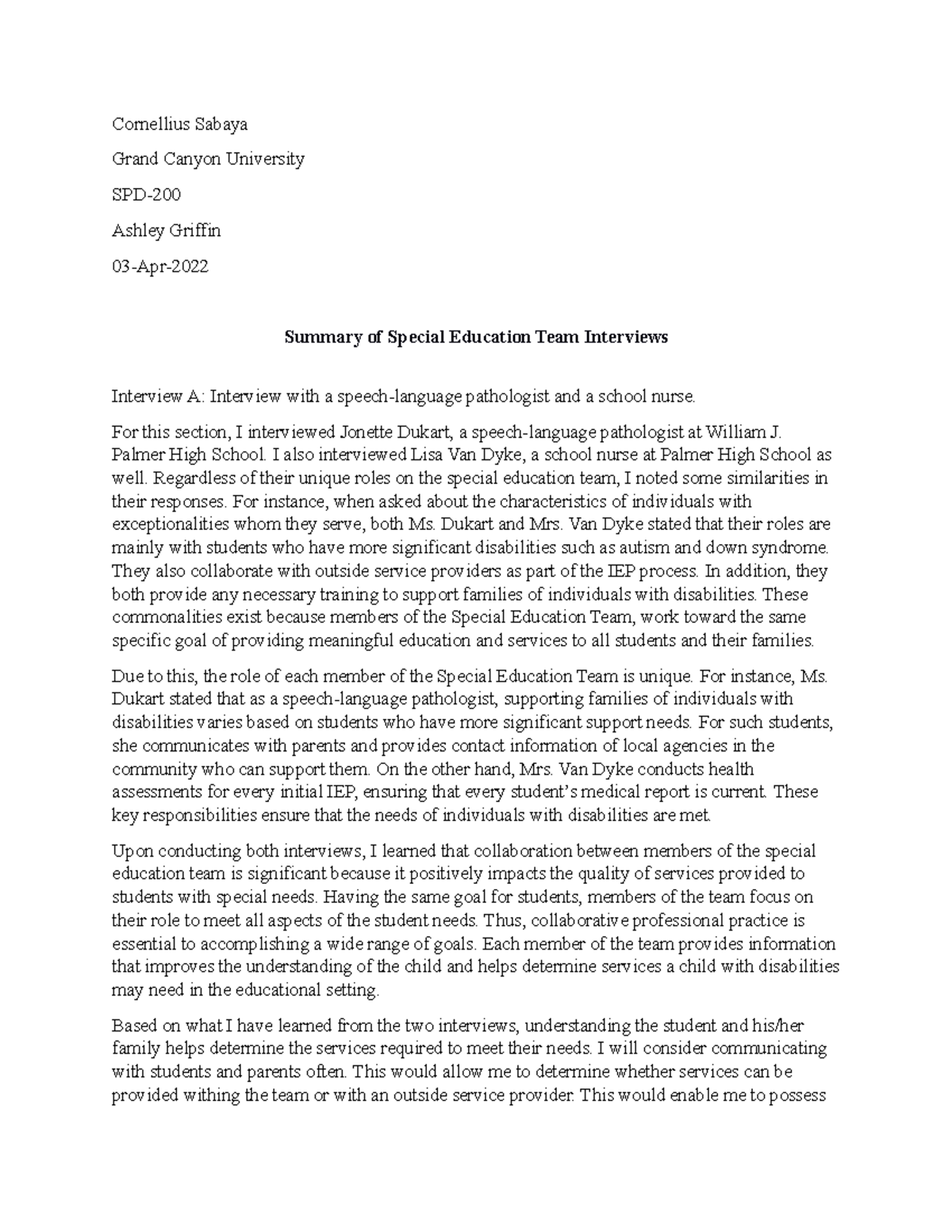 Field Experience A: Special Education Team Interviews - Cornellius ...