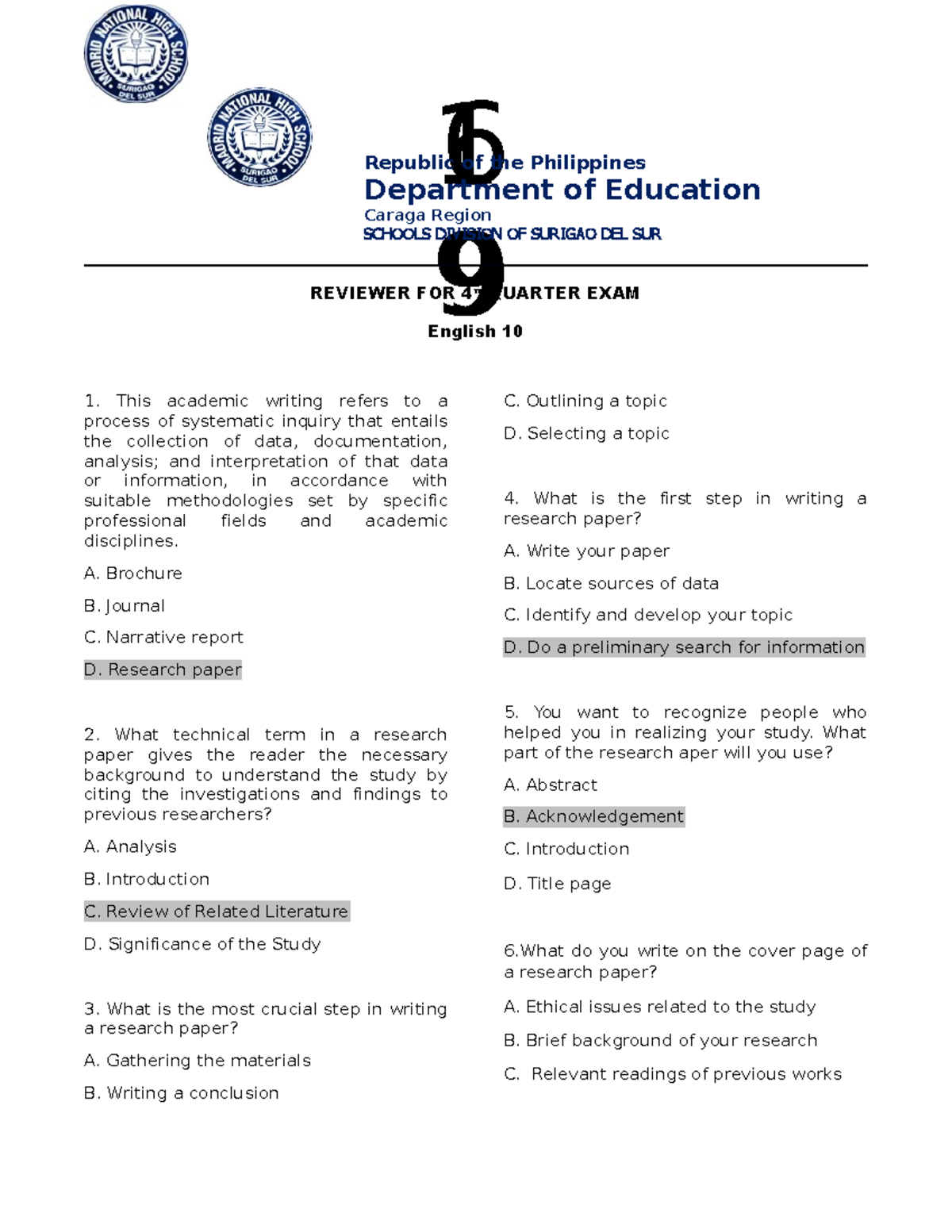 Doc3 - for studying - 6 9 1 9 Republic of the Philippines Department of Education Caraga Region ...