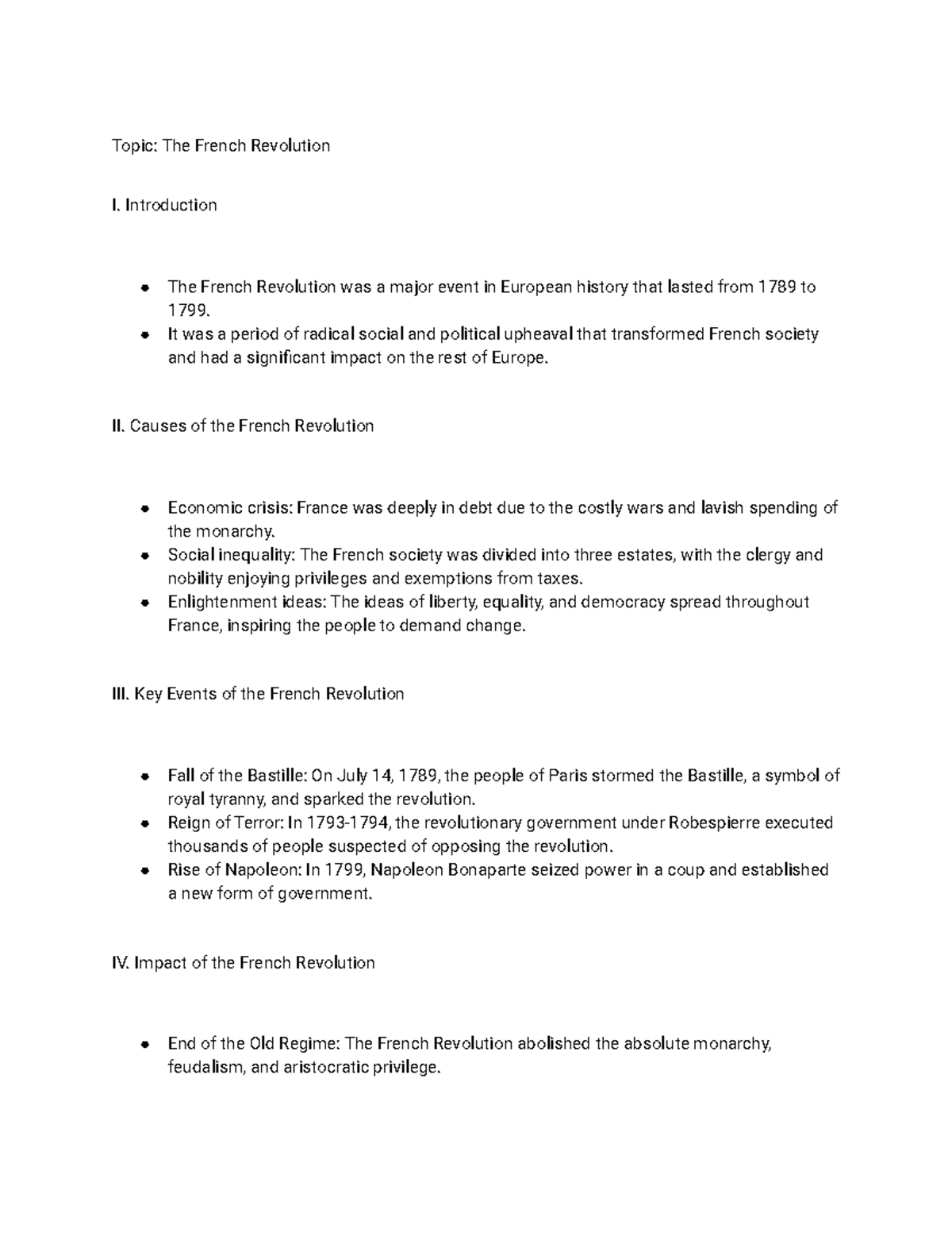 Topic The French Revolution - Introduction The French Revolution was a ...