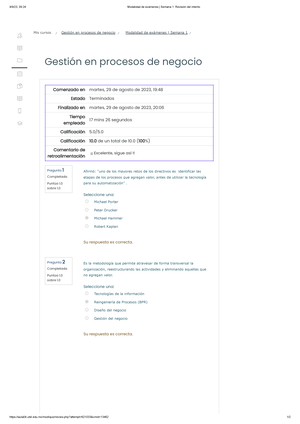 Gestion en procesos de negocios Semana 4 Examen - 18/9/23, 09:15 Modalidad de exámenes | Semana ...