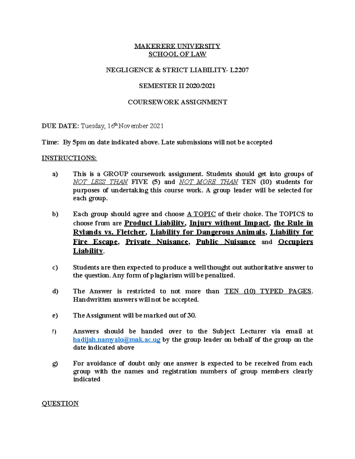 Negligence Coursework 2020-2021 - Torts- Negligence and strict ...