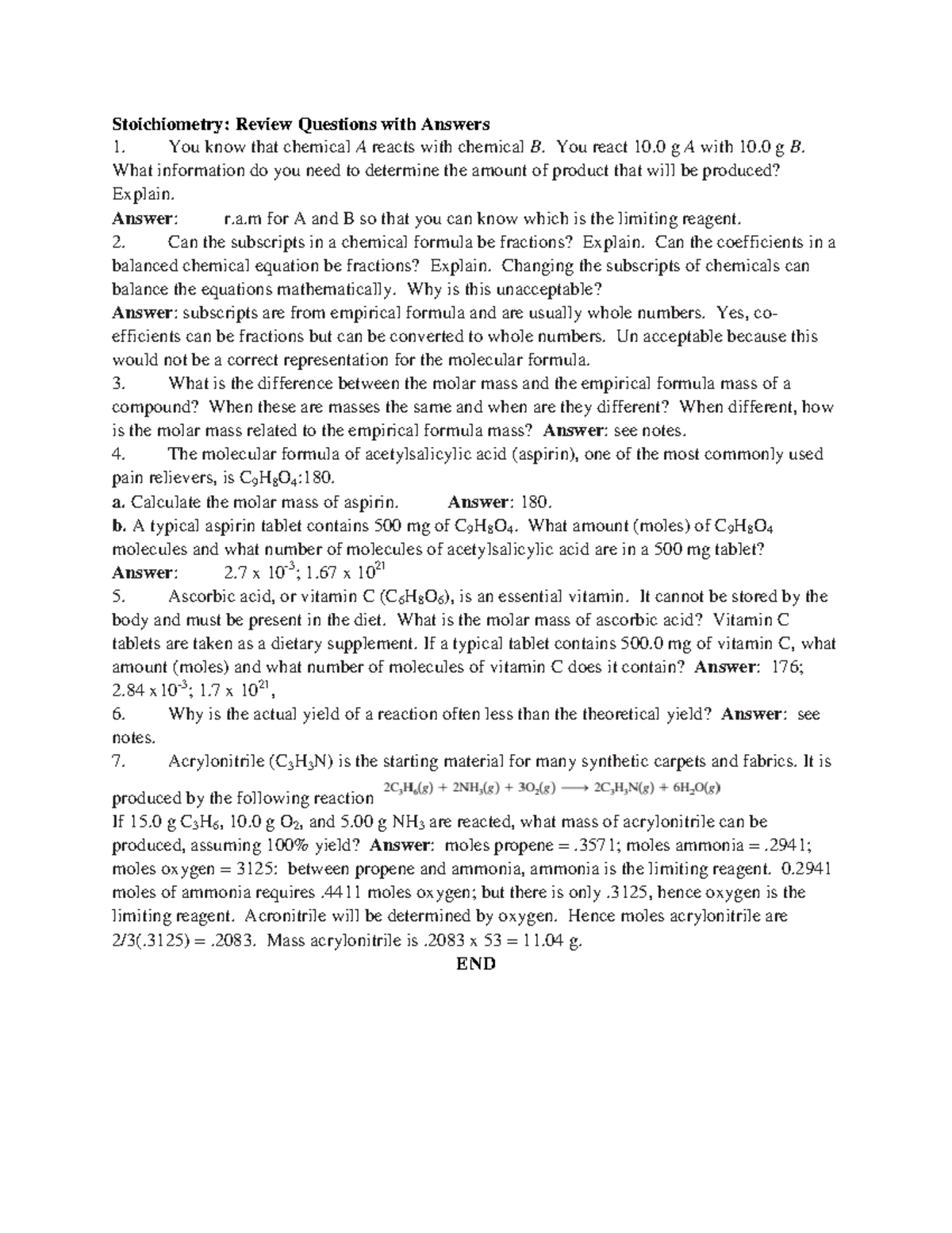 Stoichiometry ans - CHEM 130 - Stoichiometry: Review Questions with ...