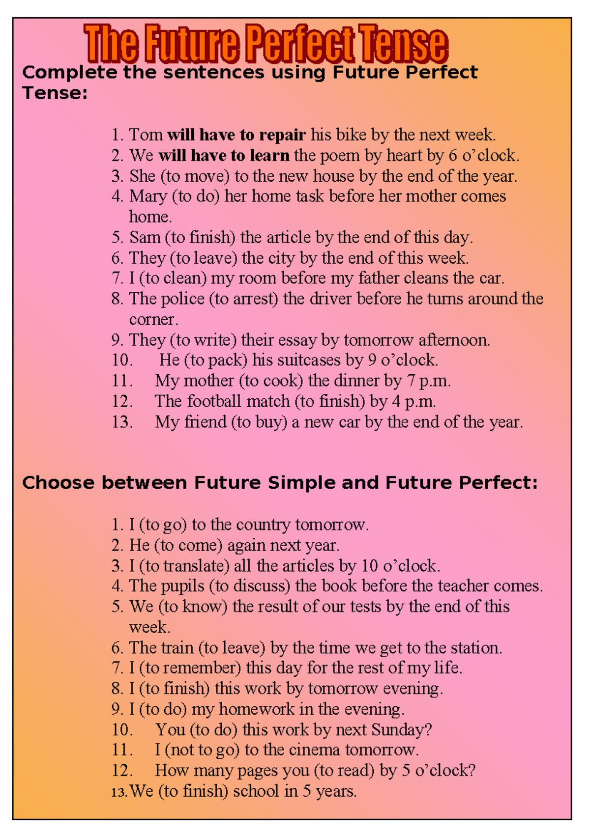 Future perfect worksheet - Complete the sentences using Future Perfect ...
