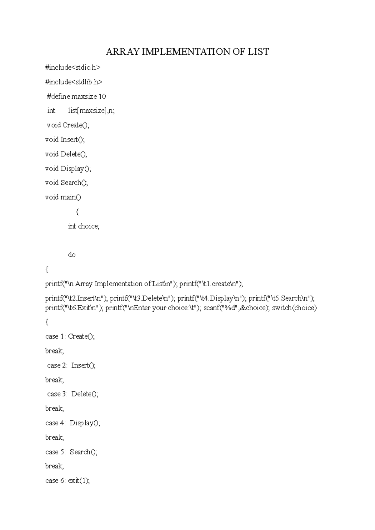 Array Implementation OF LIST Program 1 - ARRAY IMPLEMENTATION OF LIST #include - Studocu