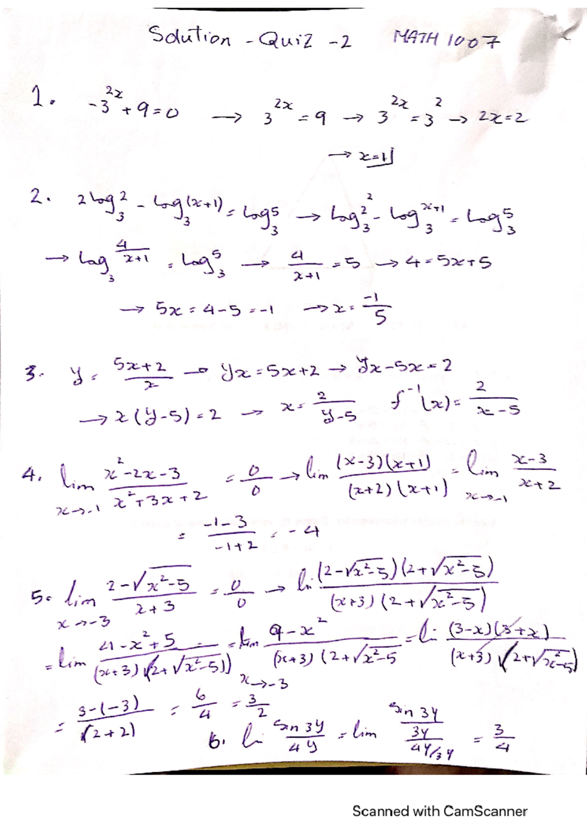 Quiz 2 (Solutions) - Quiz 2 Answers - Math 1007 - Solution Quiz MATH 1007 1. 2z 2x 2 9 3 2. 2 ...