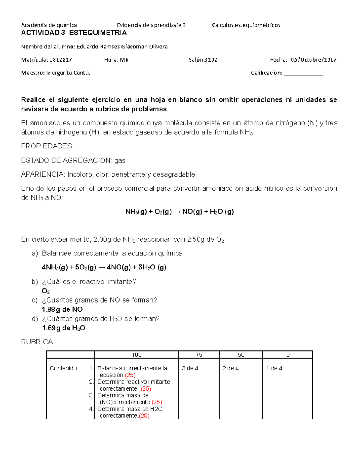 Actividad 3 - aaaaa - Academia de química Evidencia de aprendizaje 3 Cálculos estequiométricos ...