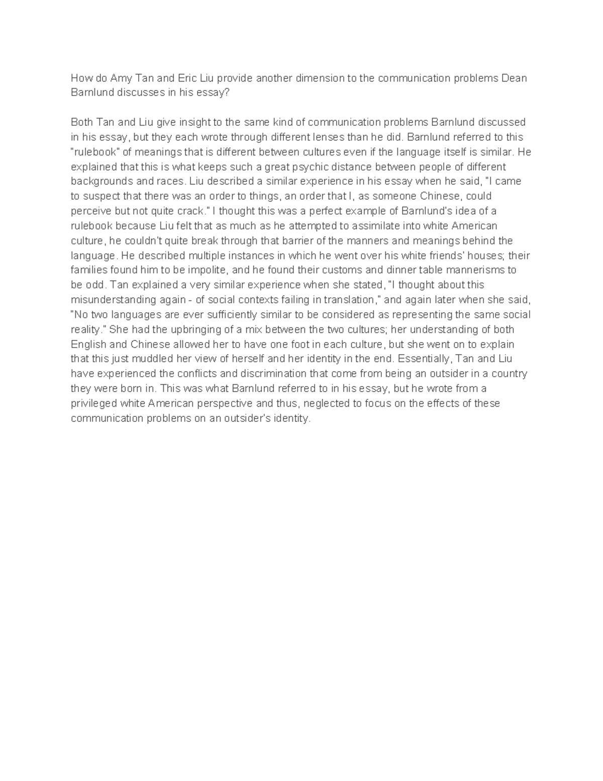 Comparing Amy Tan, Eric Liu, Dean Barnlund - How do Amy Tan and Eric ...