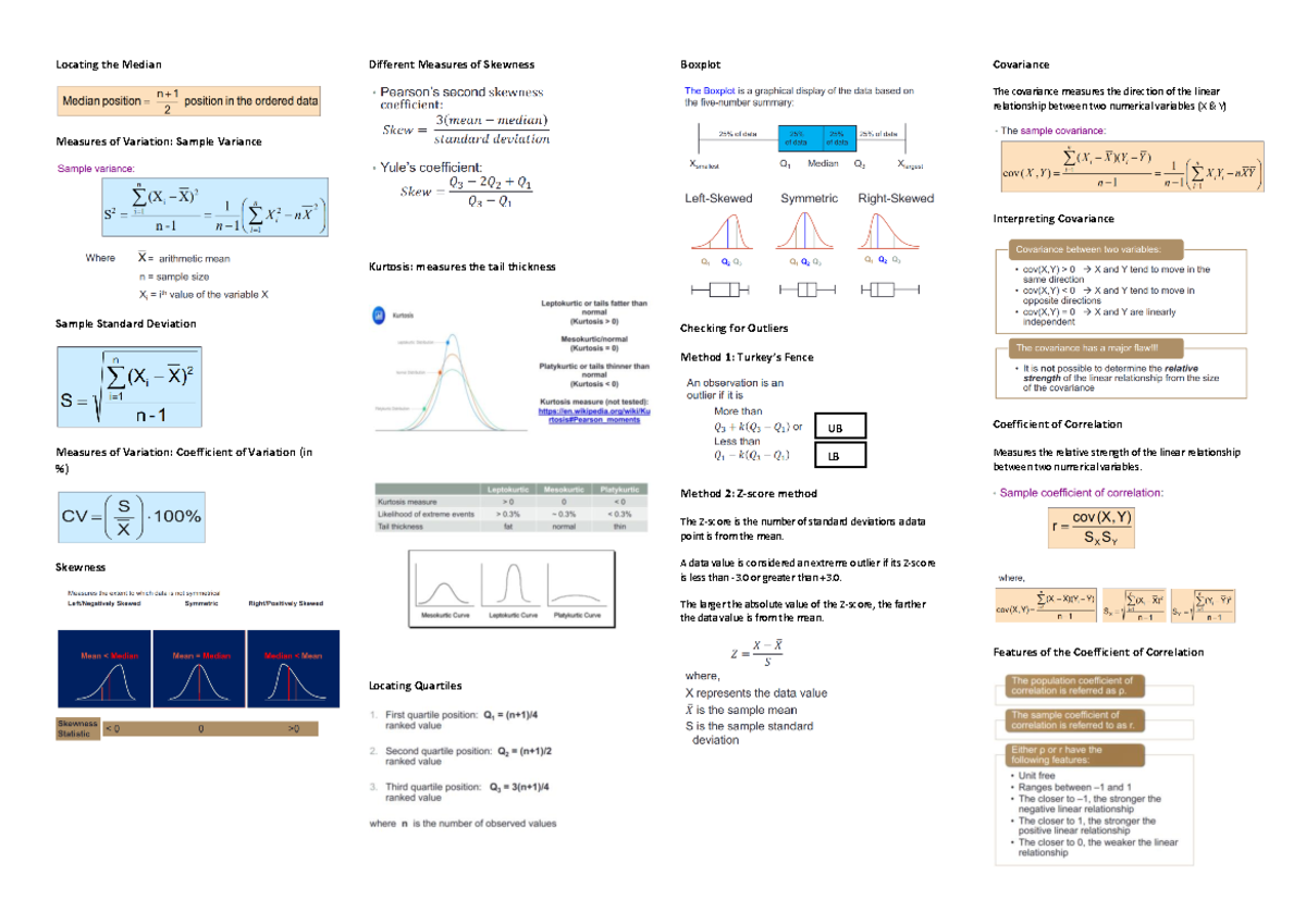 Stat miderm cheatsheet - UB LB Locating the Median Measures of Variation: Sample Variance Sample ...