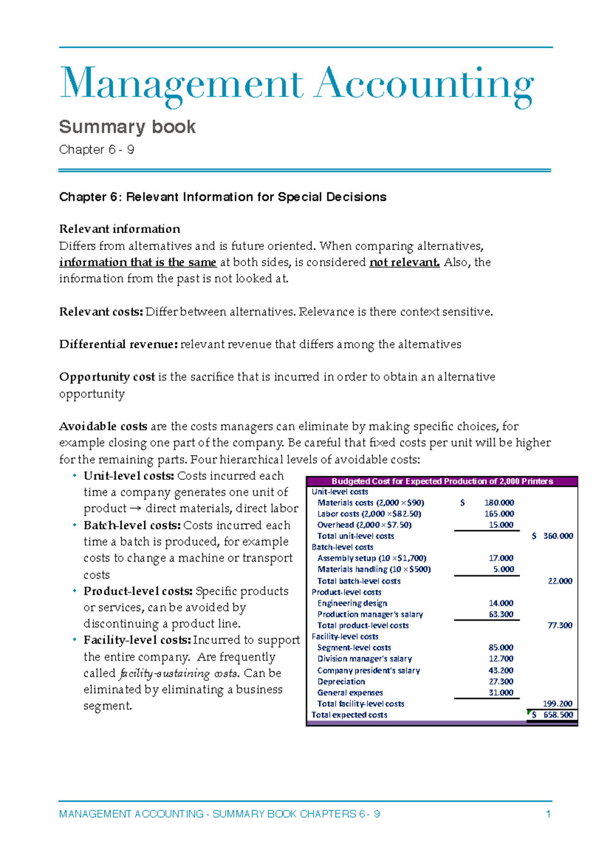 Summary Fundamental Managerial Accounting Concepts Chapter 6-9 ...