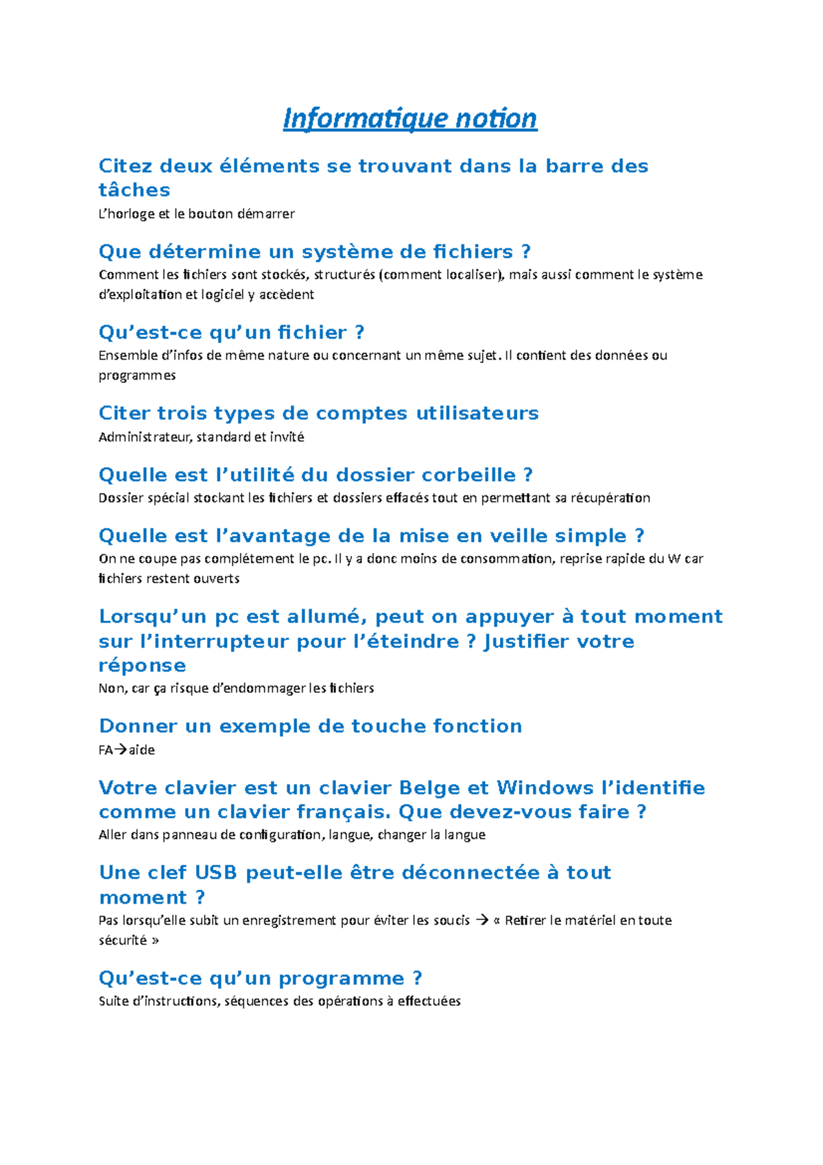 Informatique - Note de cours - Informatique notion Citez deux éléments ...