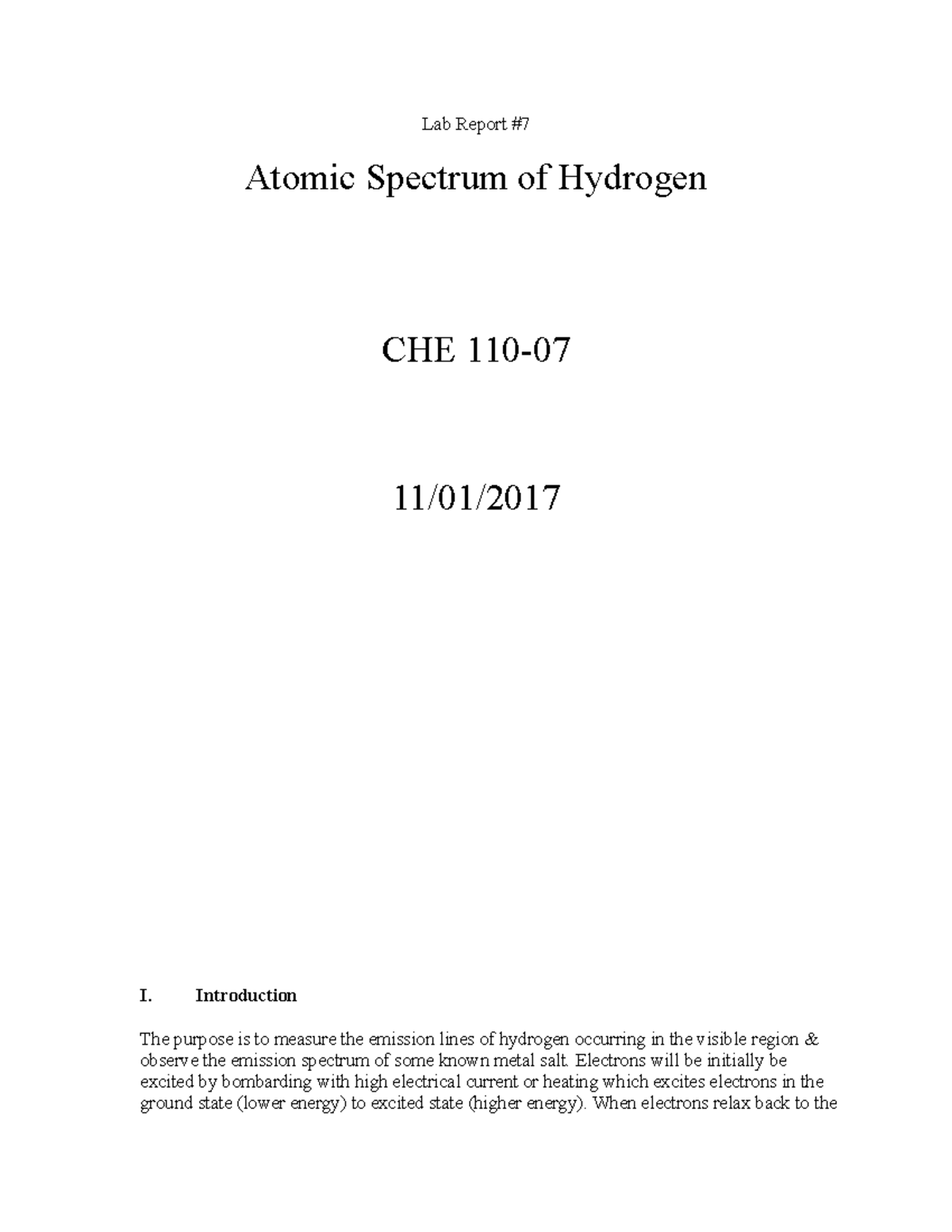 Chem lab #7 Atomic Spectrum of Hydrogen - Lab Report Atomic Spectrum of ...