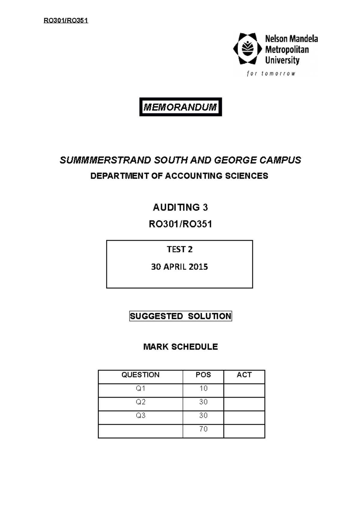 2015 RO301 TEST 2 Solutions (Final) - MEMORANDUM SUMMMERSTRAND SOUTH ...