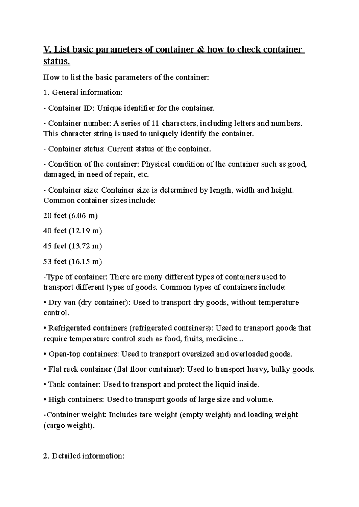 Câu 4 logistics - tài liệu tham khảo - V. List basic parameters of ...