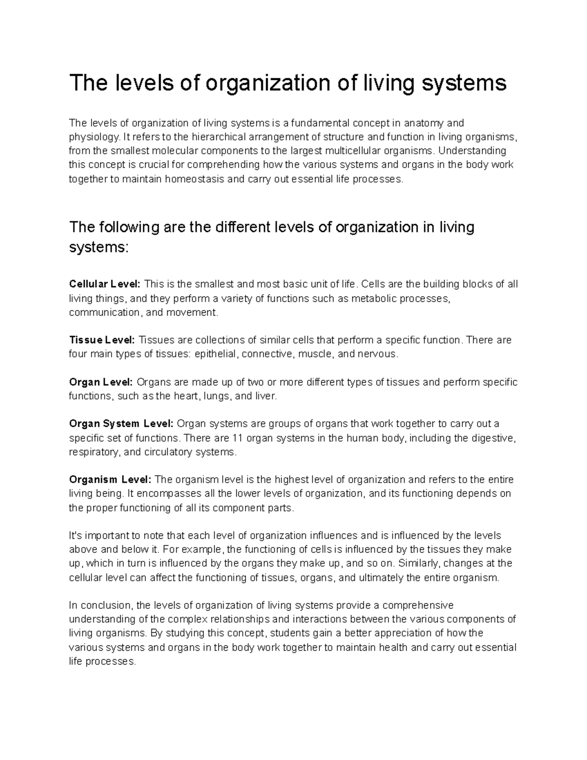Anatomy and Physiology II 2 - The levels of organization of living ...