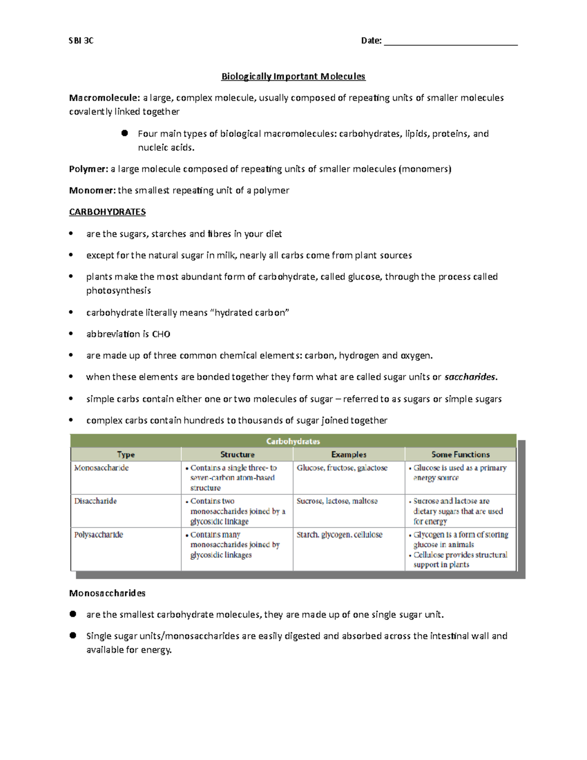 6 and 7 - Biologically Important Molecules - SBI 3C Date ...
