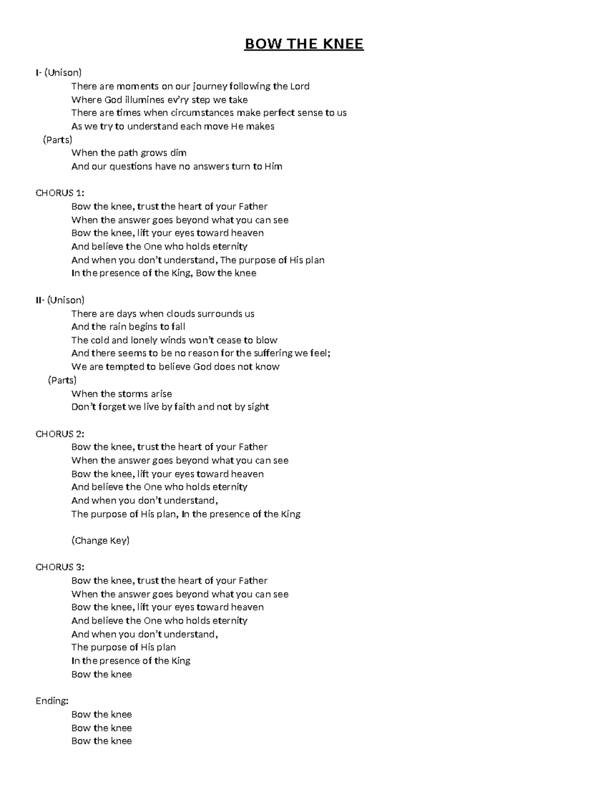 Bow the knee - MUSIC LYRICS - BOW THE KNEE I- (Unison) There are ...