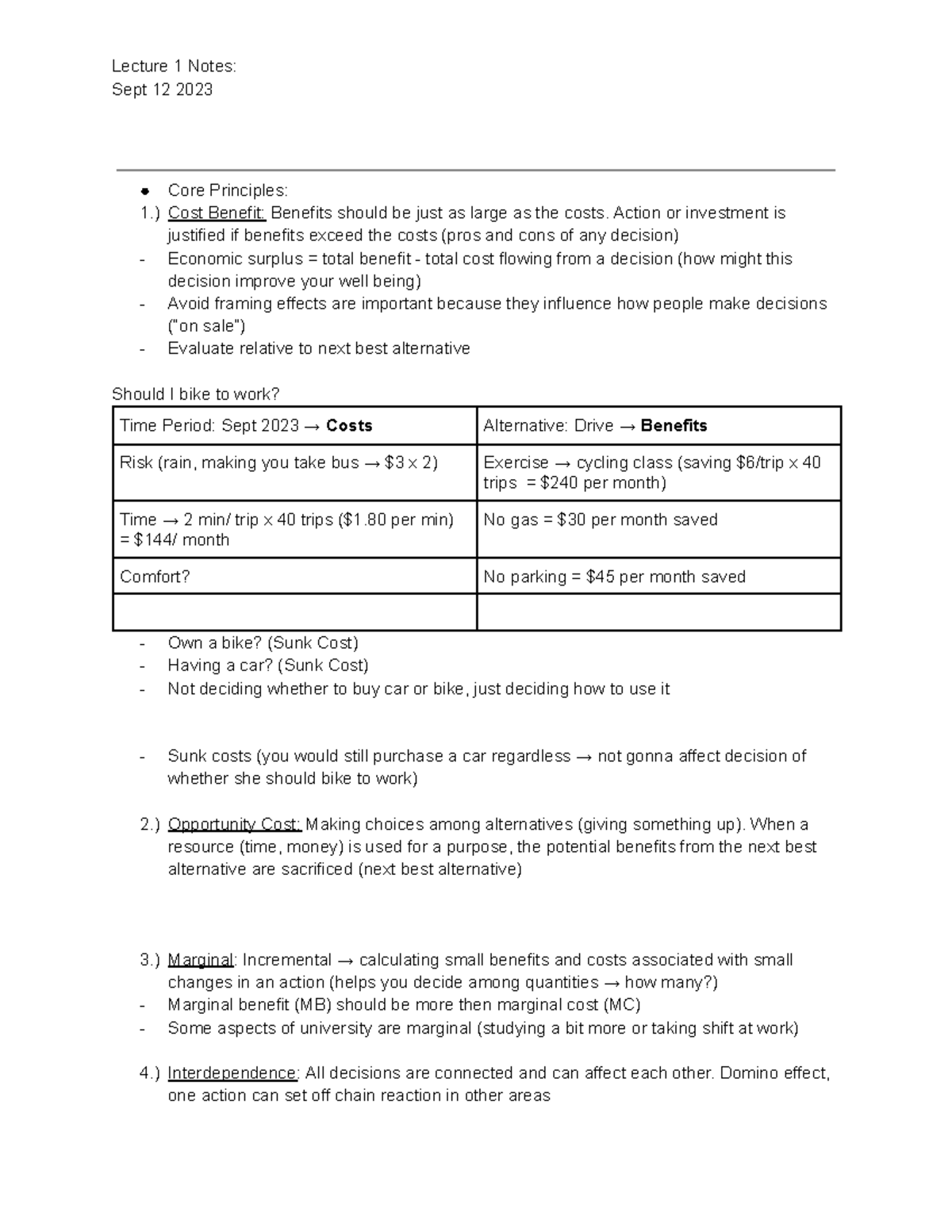 Me Lecture 1 Notes Lecture 1 Notes Sept 12 2023 Core Principles 1 Cost Benefit Benefits