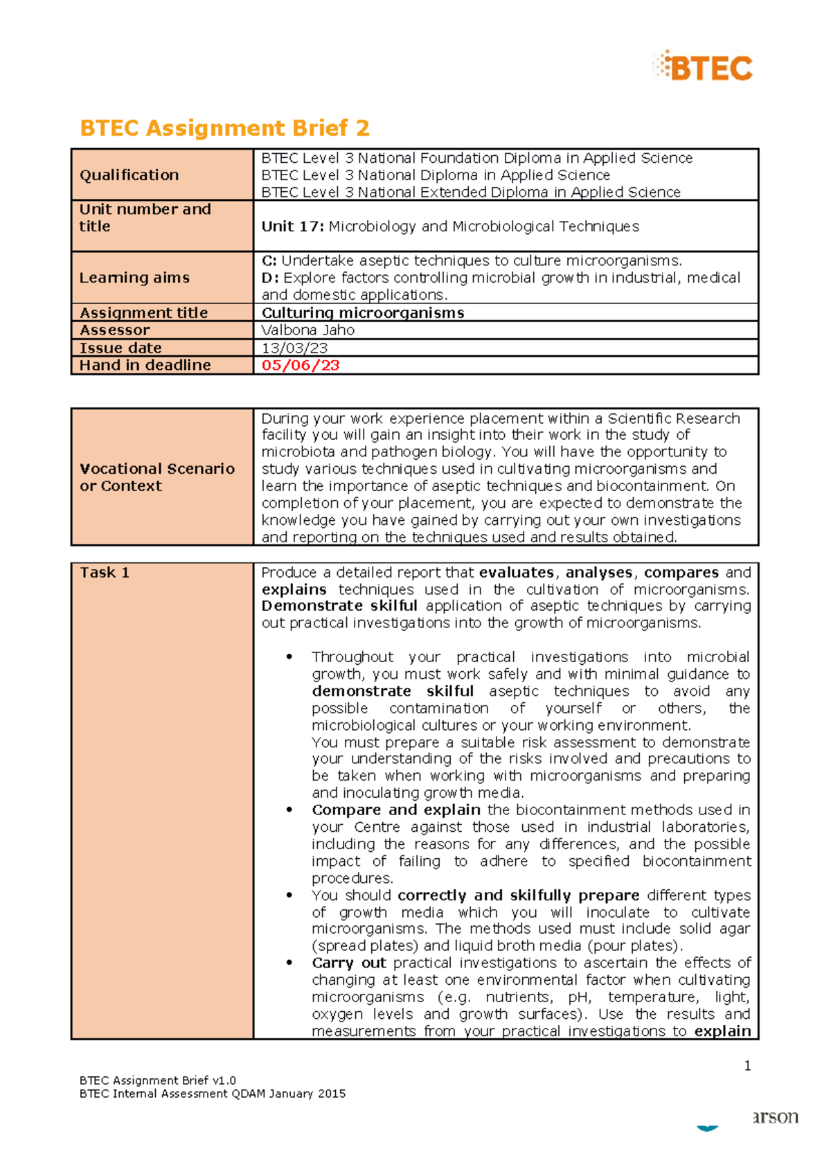 Brief 2 Unit 17 - lovin it - BTEC Assignment Brief 2 Qualification BTEC ...