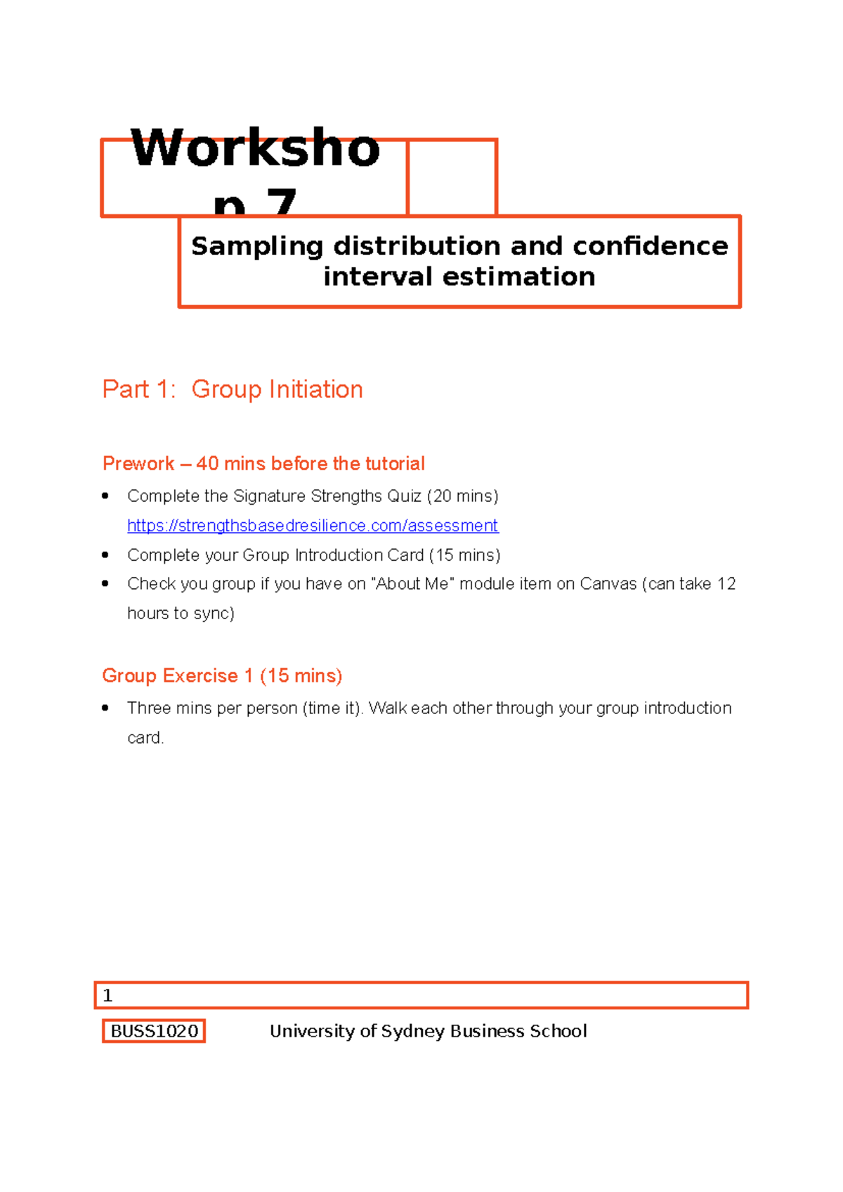 Workshop 7 - Part 1: Group Initiation Prework – 40 mins before the ...