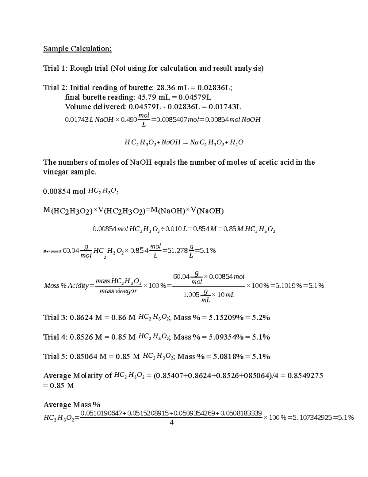 Postlab exp 8 - Chem 105a Post Lab Experiment 8 - Sample Calculation ...