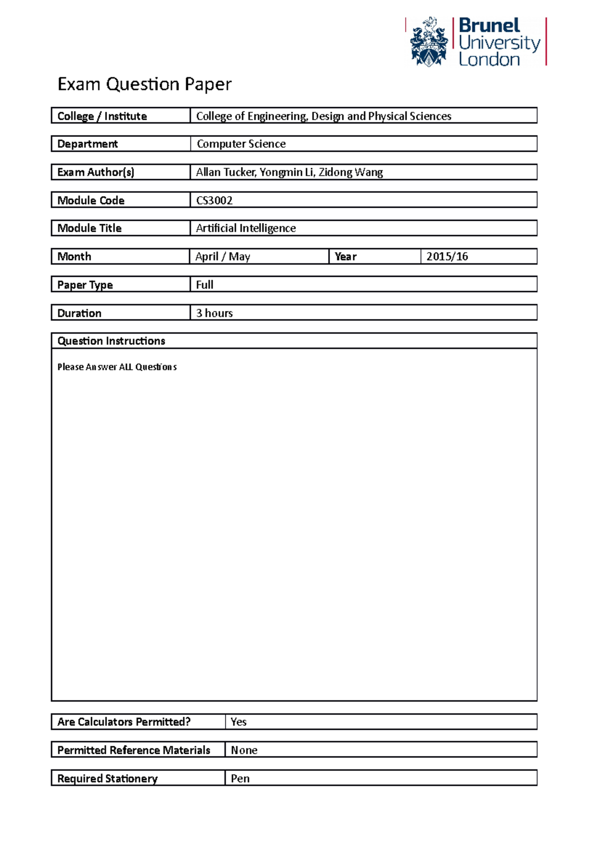 REVIEW May 2016, questions - Exam Question Paper College / Institute ...