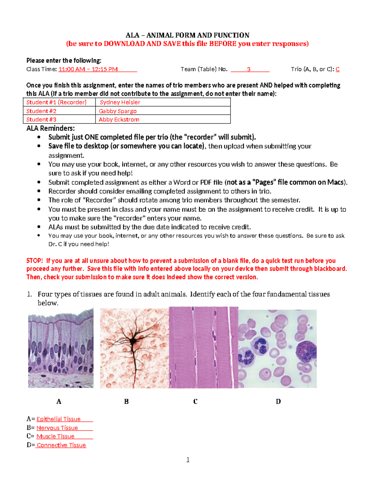 ALA-Animal Form - ALA Assignment - ALA – ANIMAL FORM AND FUNCTION (be ...