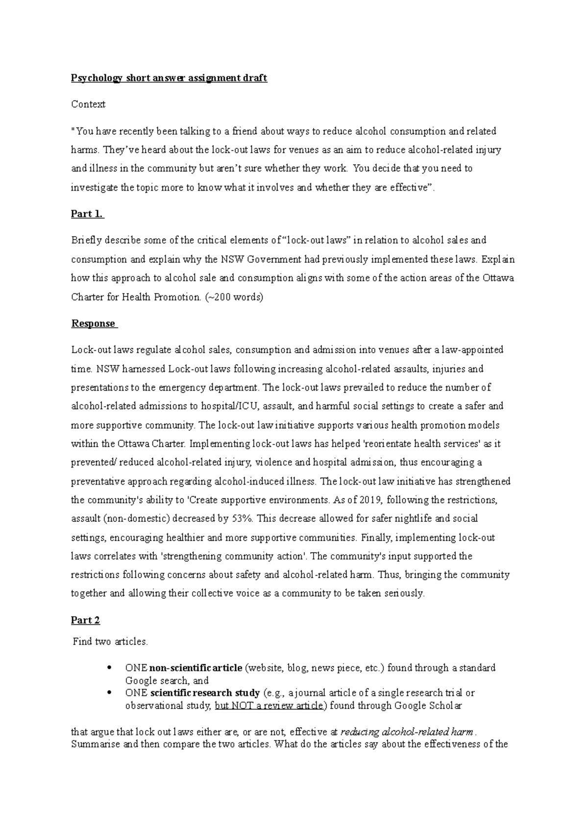 Psychology short answer assignment draft - Psychology short answer ...