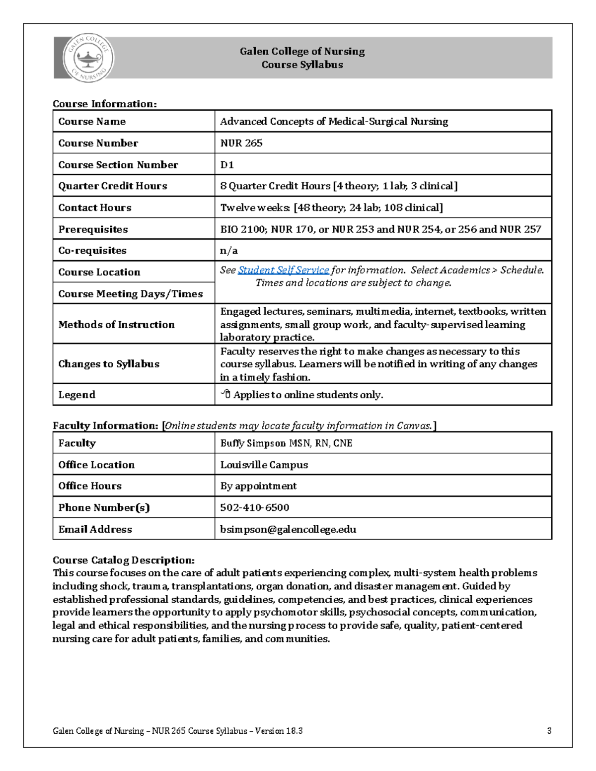 NUR 265 Syllabus Version 18-3(1) Simpson B 01D01 Oct 2023 - Galen ...