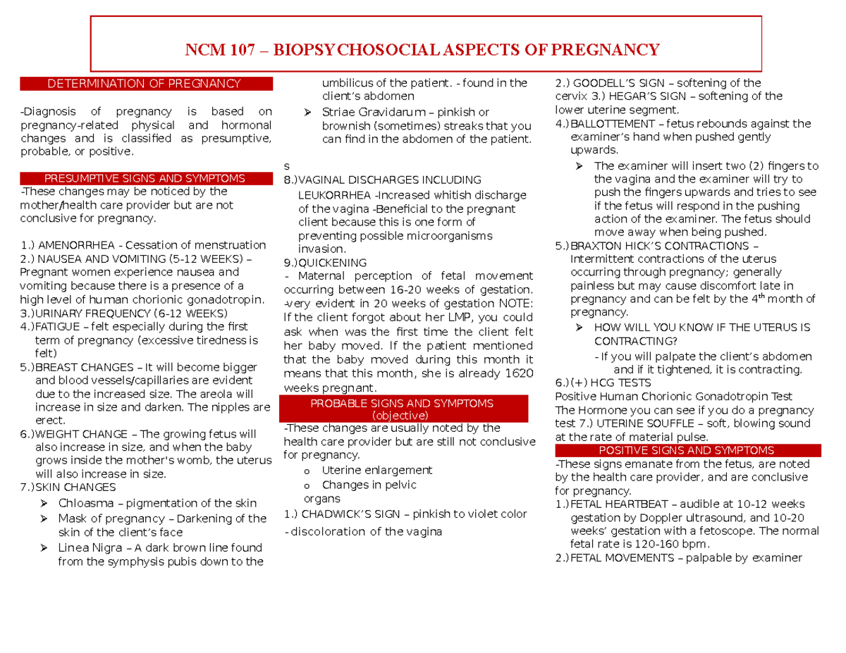Biopsychosocial Aspect OF Pregnancy - DETERMINATION OF PREGNANCY ...