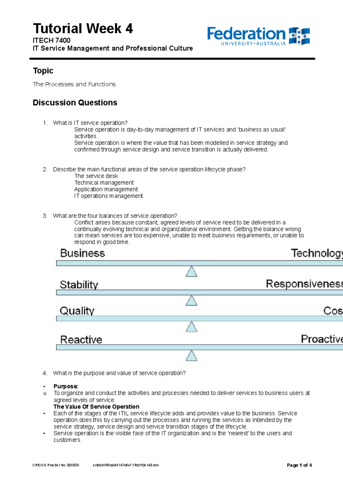 Tutorial Tasks Week 4 of 7400 - Tutorial Week 4 ITECH 7400 IT Service Management and ...