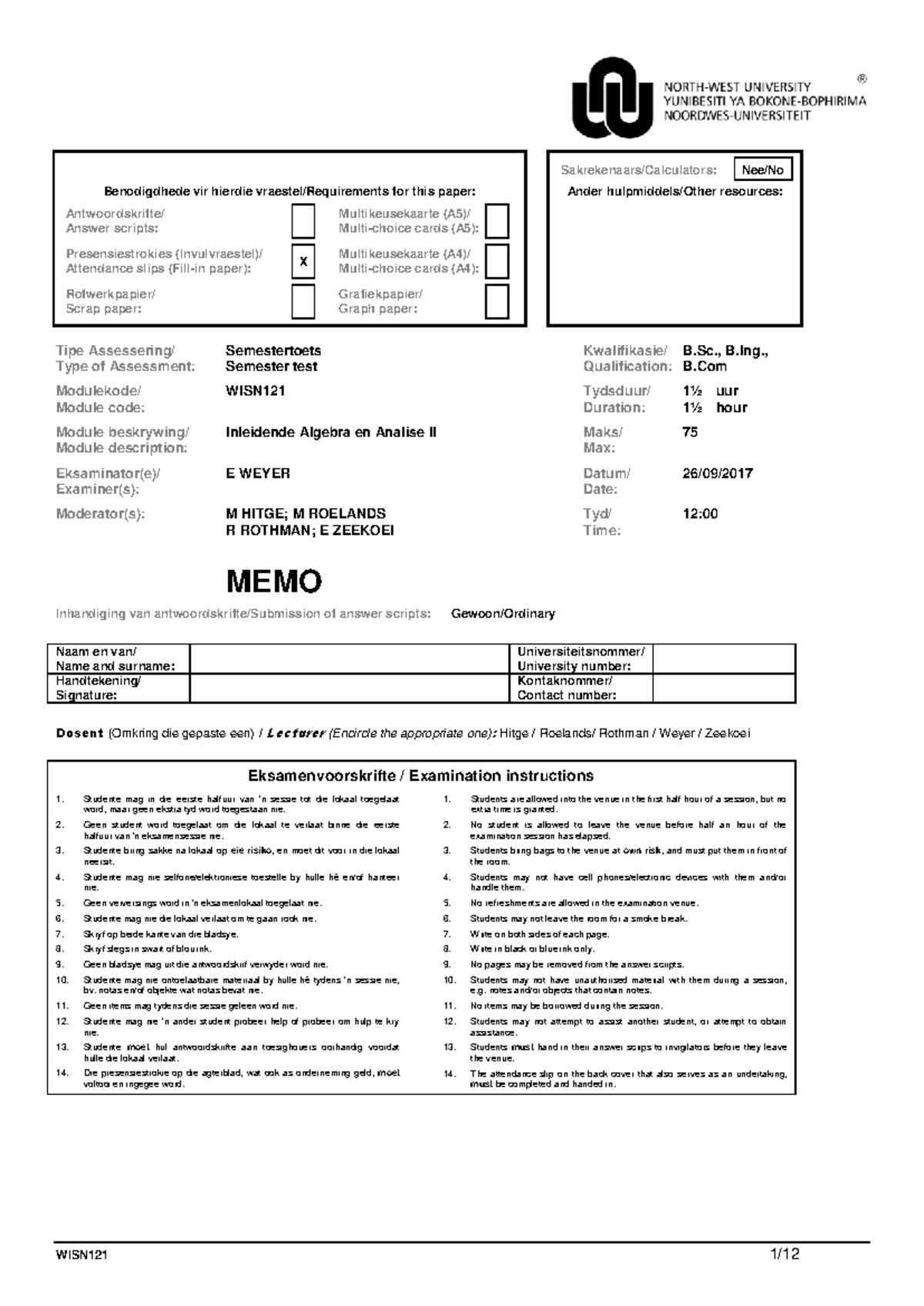MTHS 121 EXAM 2017 - Sakrekenaars/Calculators: Nee/No Benodigdhede vir ...