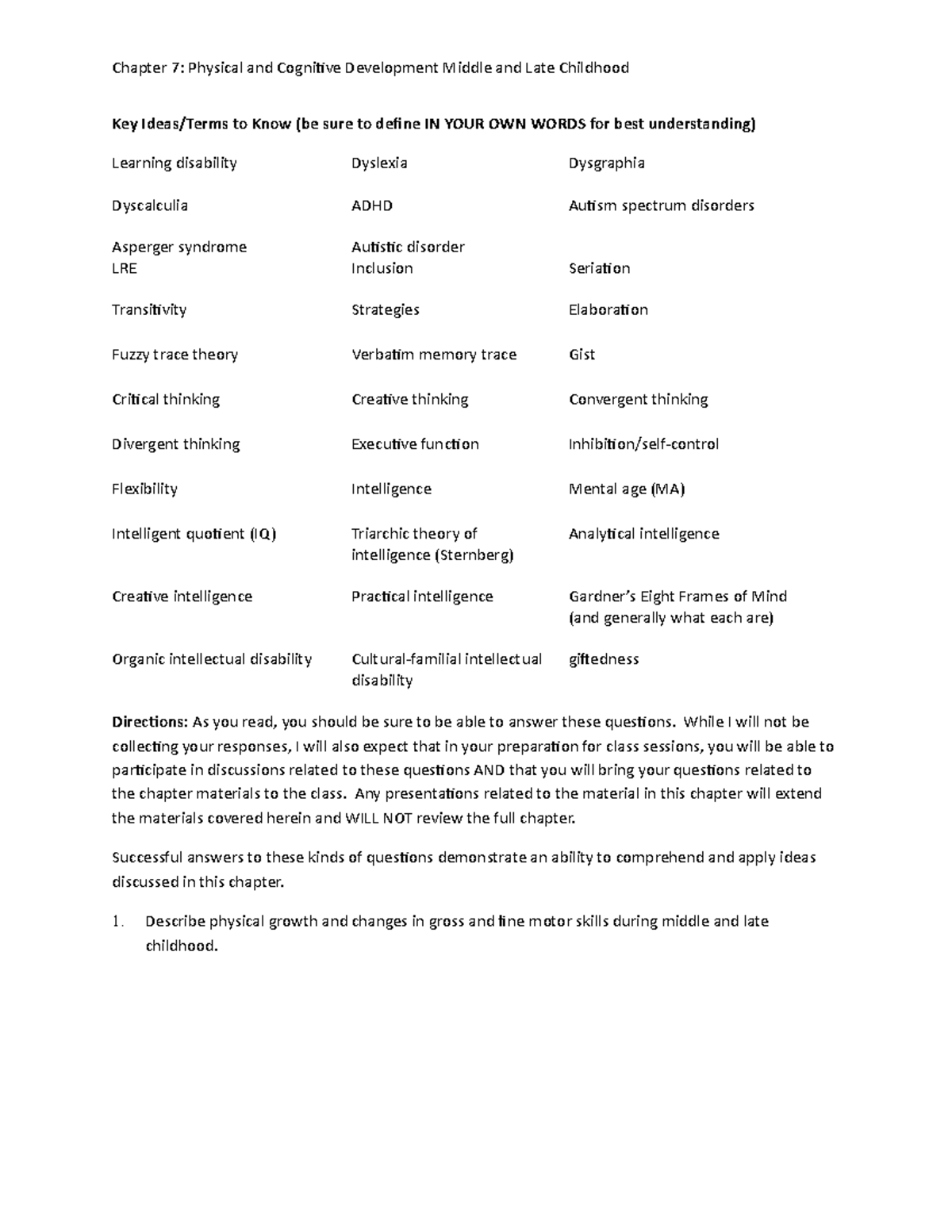 Questions and Study Sheet Chapter 7 - Chapter 7: Physical and Cognitive ...