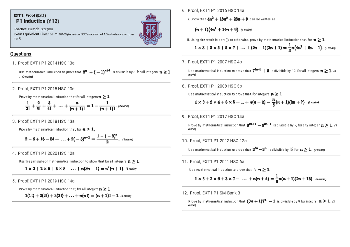 Mathematical Induction Ext 1 Year 12 - 1. Proof, EXT1 P1 2014 HSC 13a 2 ...