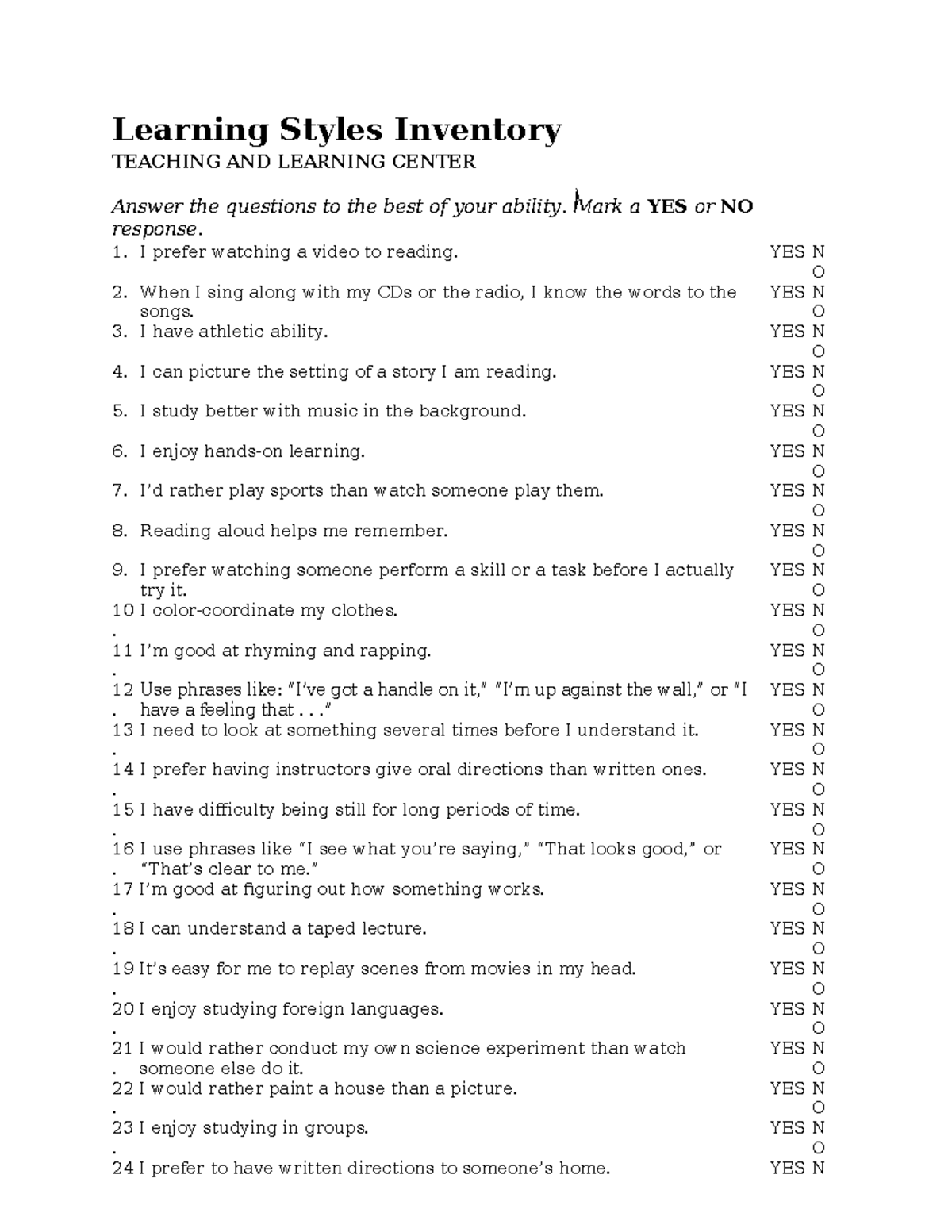 UED Learning Style Inventory Topic - Learning Styles Inventory TEACHING AND LEARNING CENTER ...