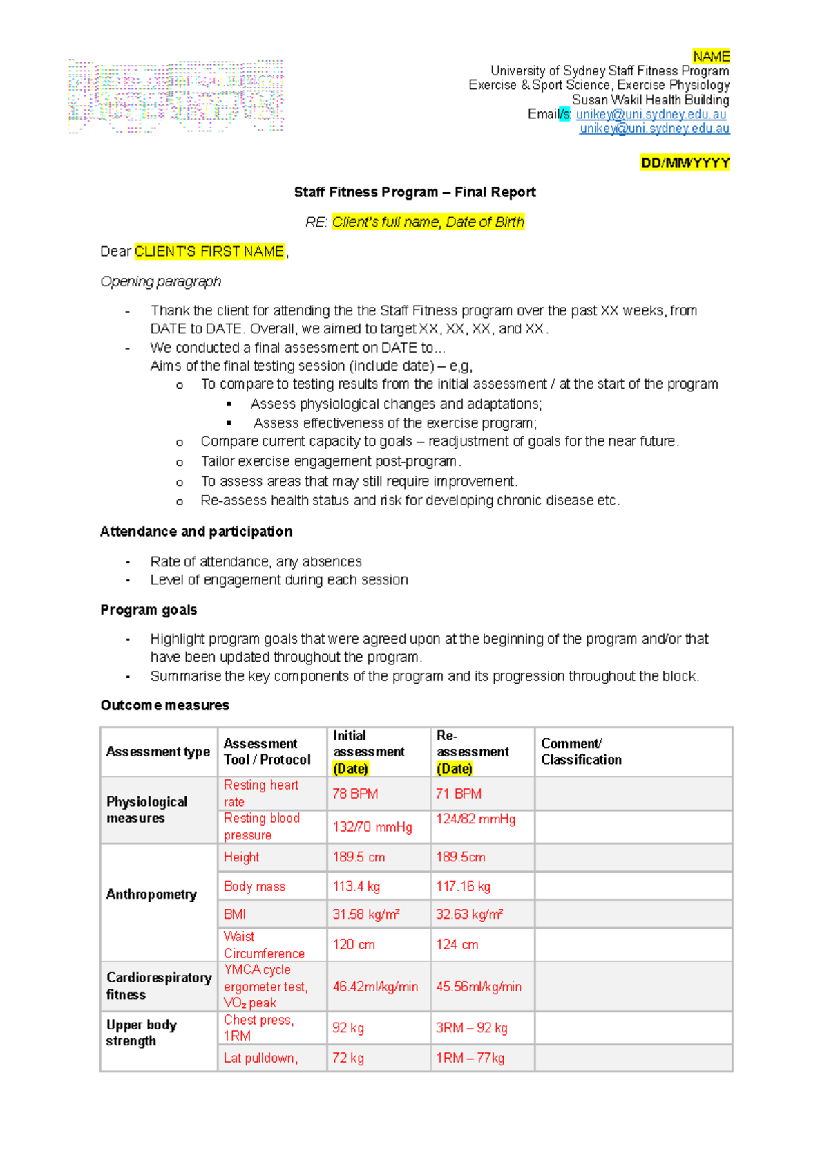 Final Report Template - NAME University of Sydney Staff Fitness Program ...