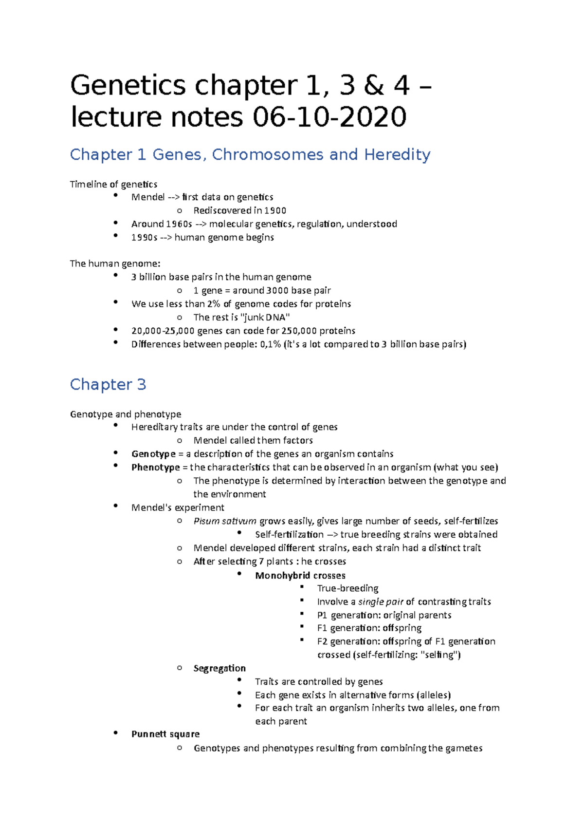 Genetics Chapter 1, 3 & 4 - summary lectures - Genetics chapter 1, 3 ...