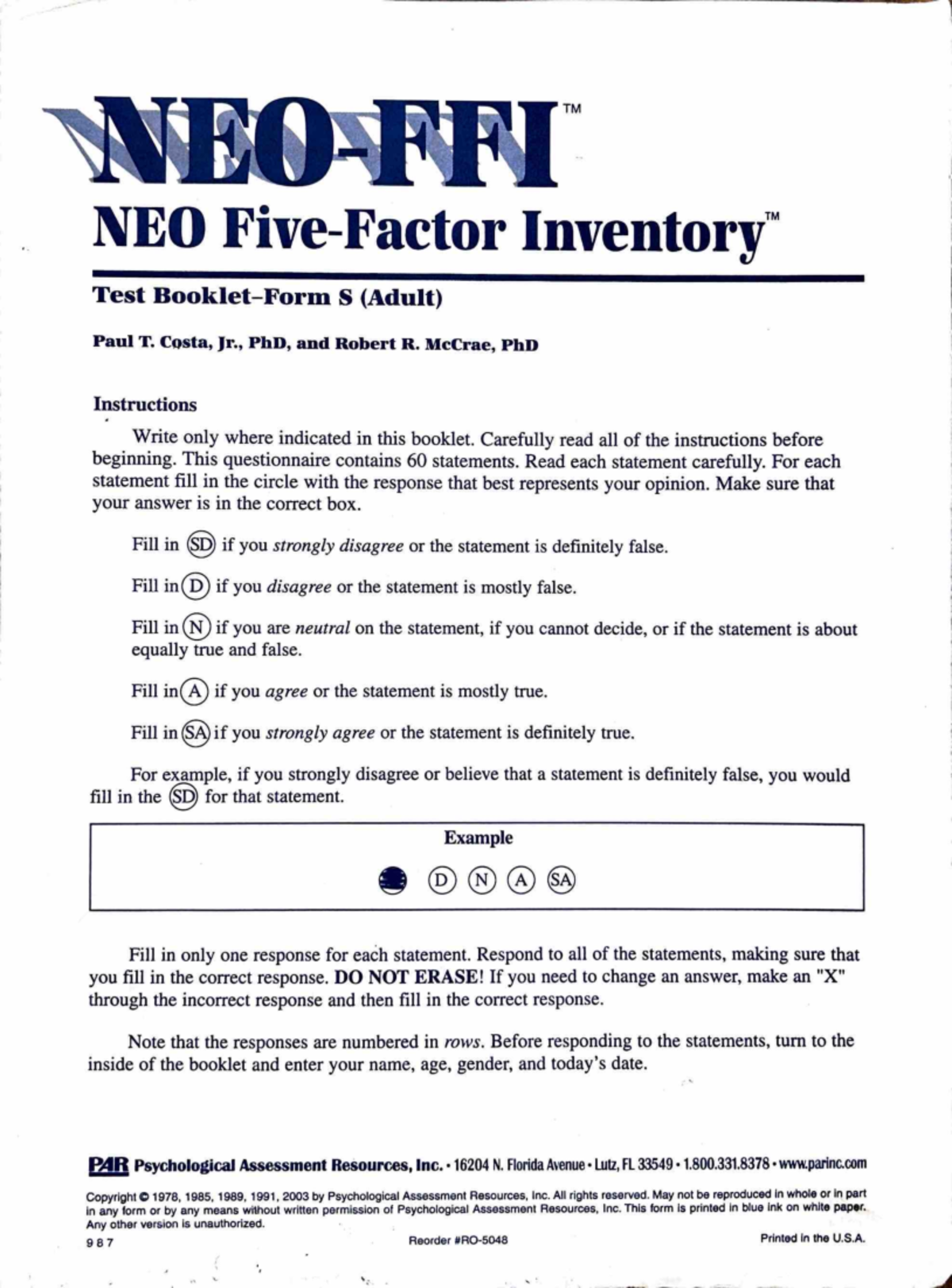 Neoffi - TM NEO Five-Factor Inventory™ Test Booklet-Form S (Adult) Paul ...