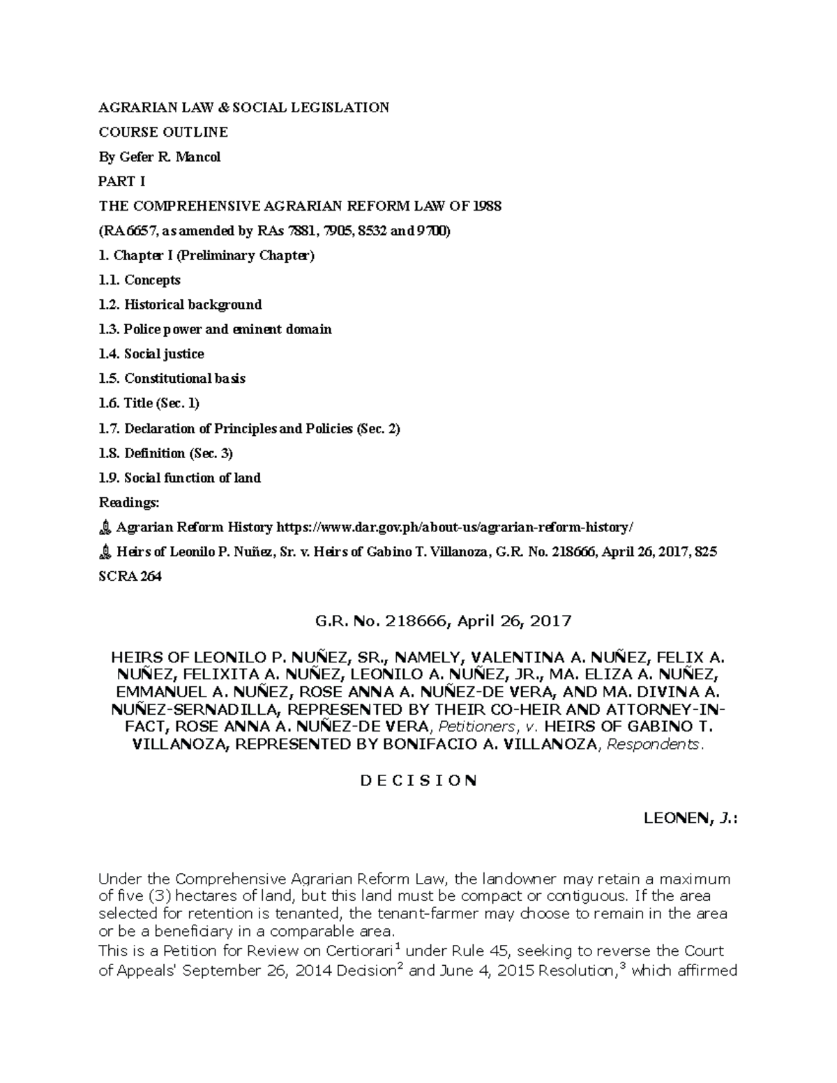 Agrarian LAW - notes - AGRARIAN LAW & SOCIAL LEGISLATION COURSE OUTLINE ...