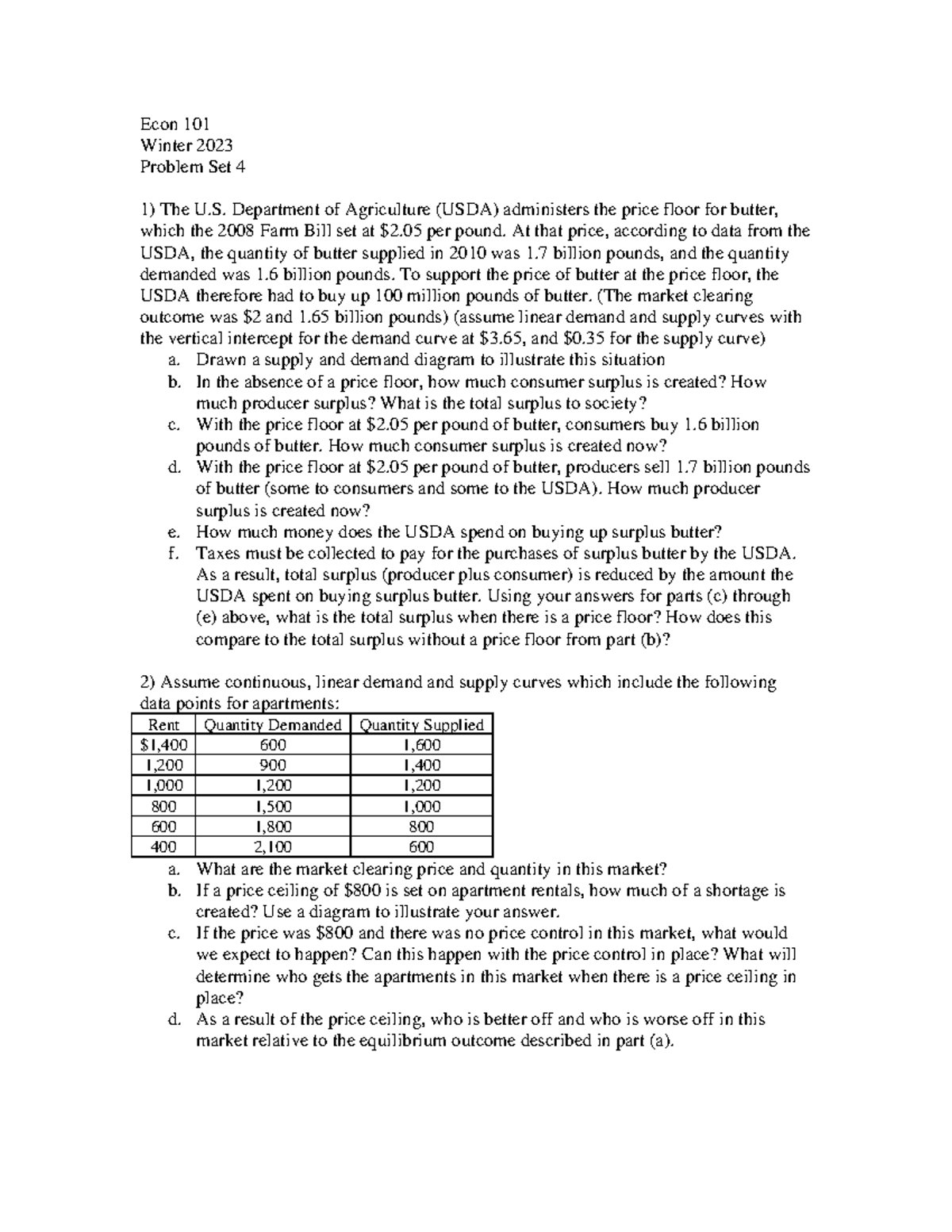 PS4 - Econ 101 - Problem set for price controls - Econ 101 Winter 2023 Problem Set 4 1) The U ...